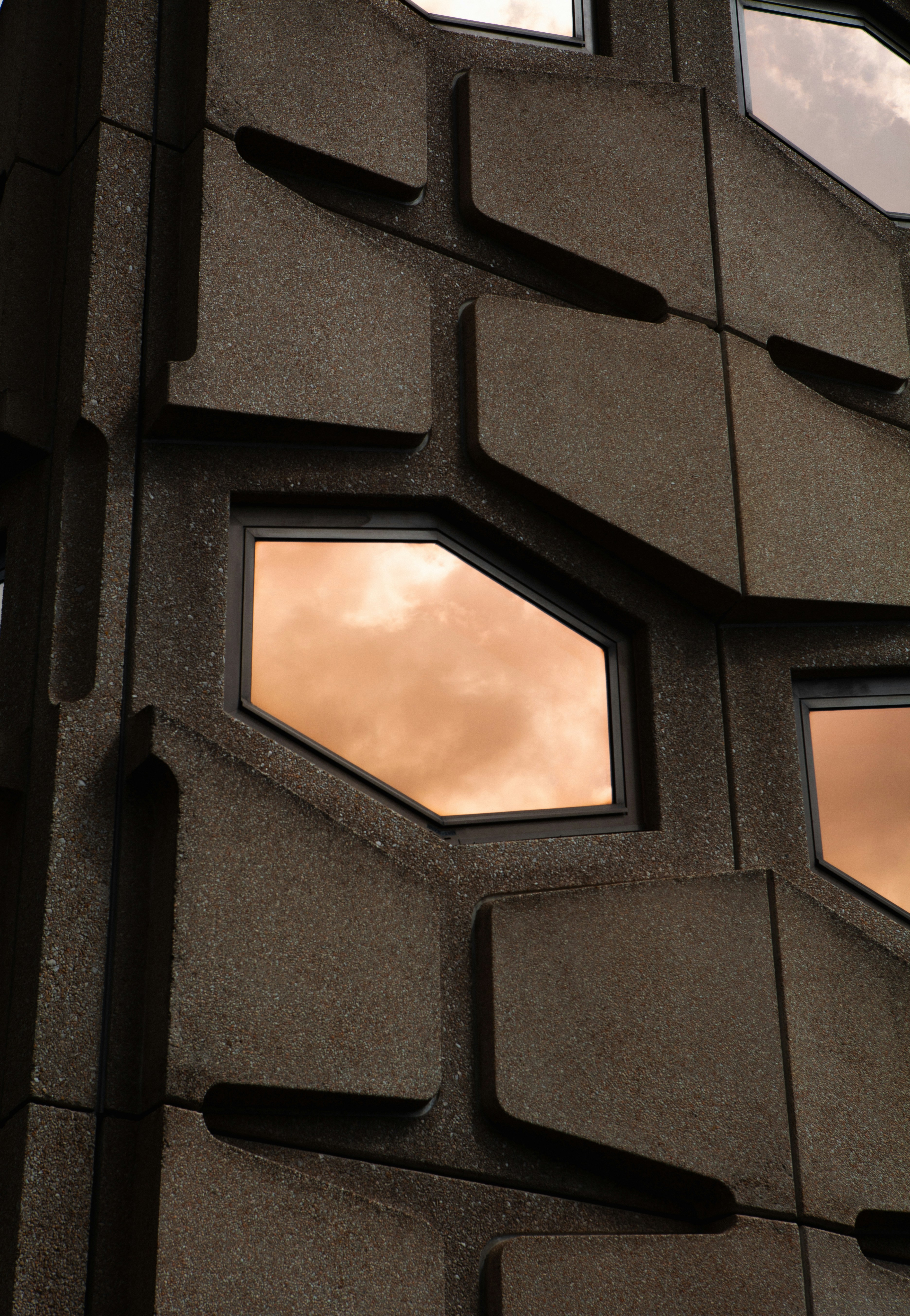 Hexagonal Window Mirroring in Weathered Concrete Panels