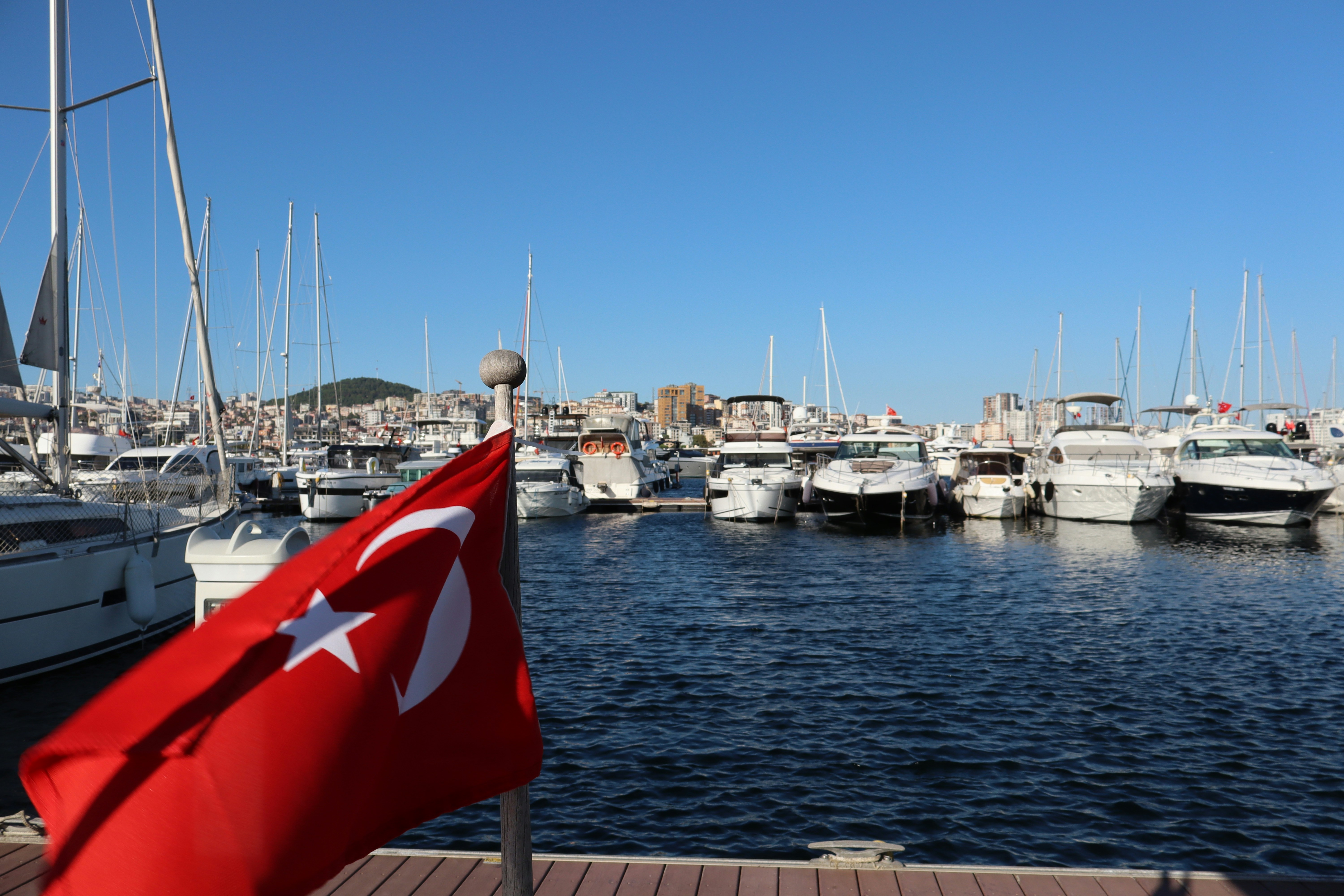 Red Banner and Marina at Dusk