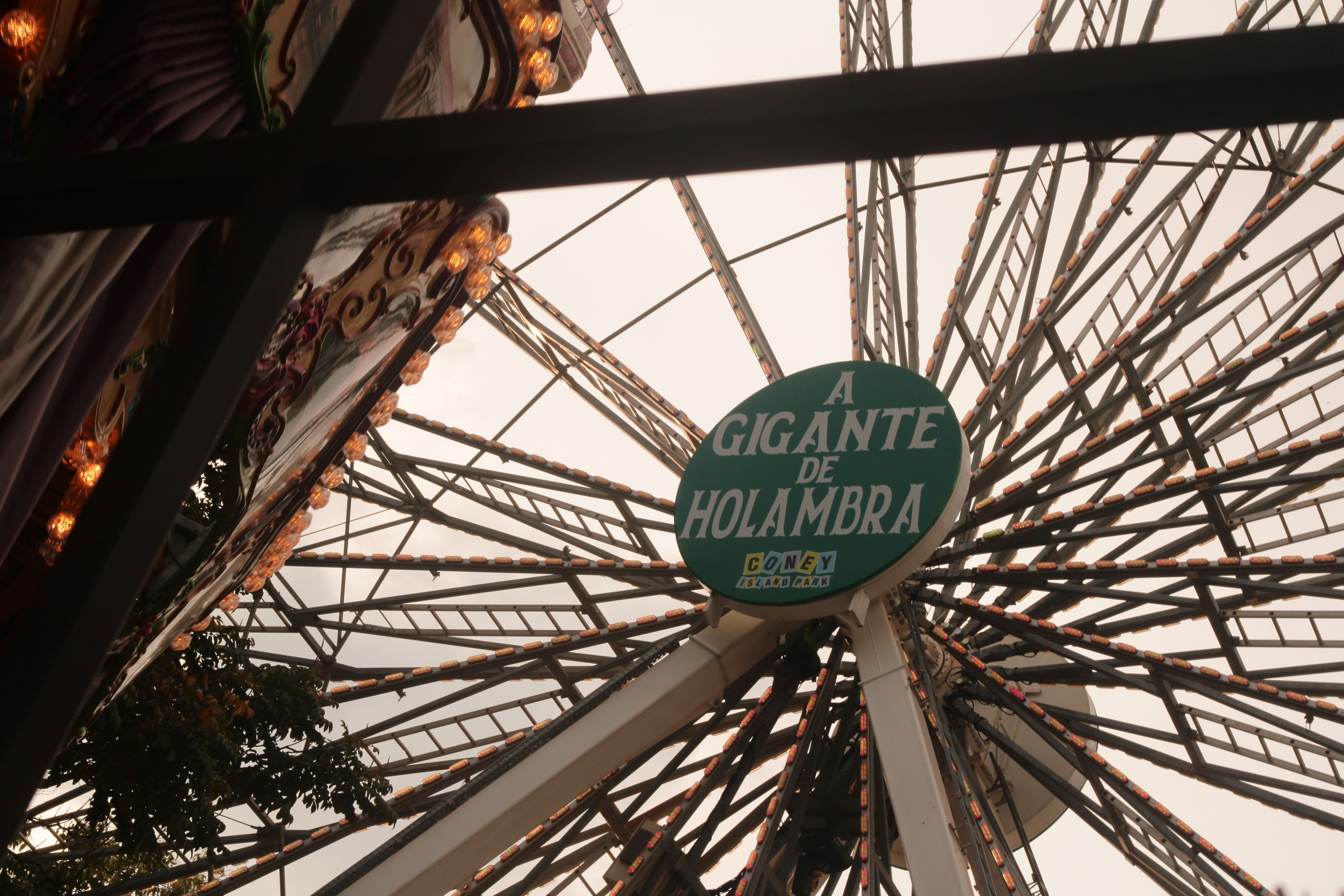 Circular Carriage Reverie: The Green Sign at the Ferris Wheel Hub
