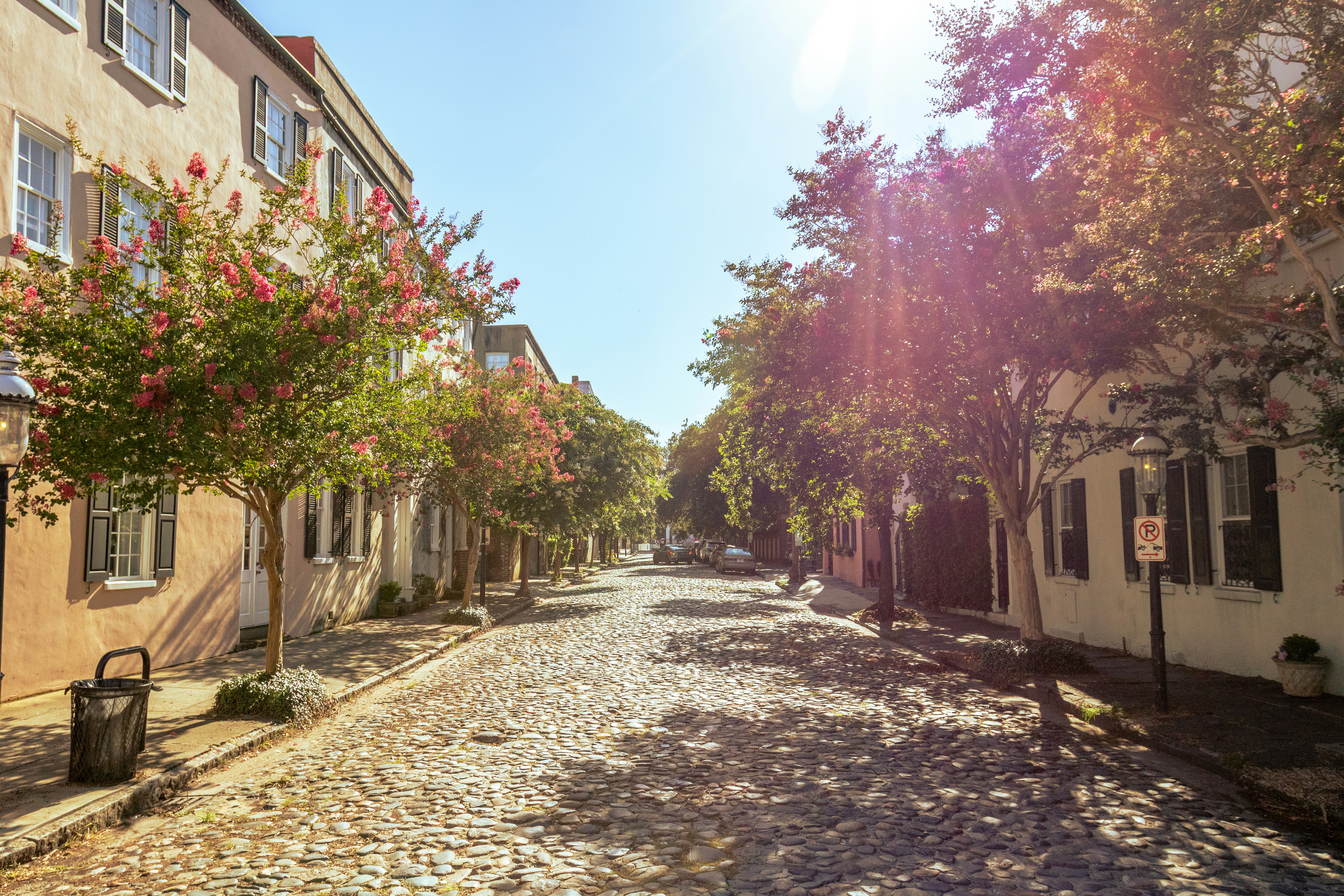 Sunlit Cobblestones: A Quiet European Street in Bloom