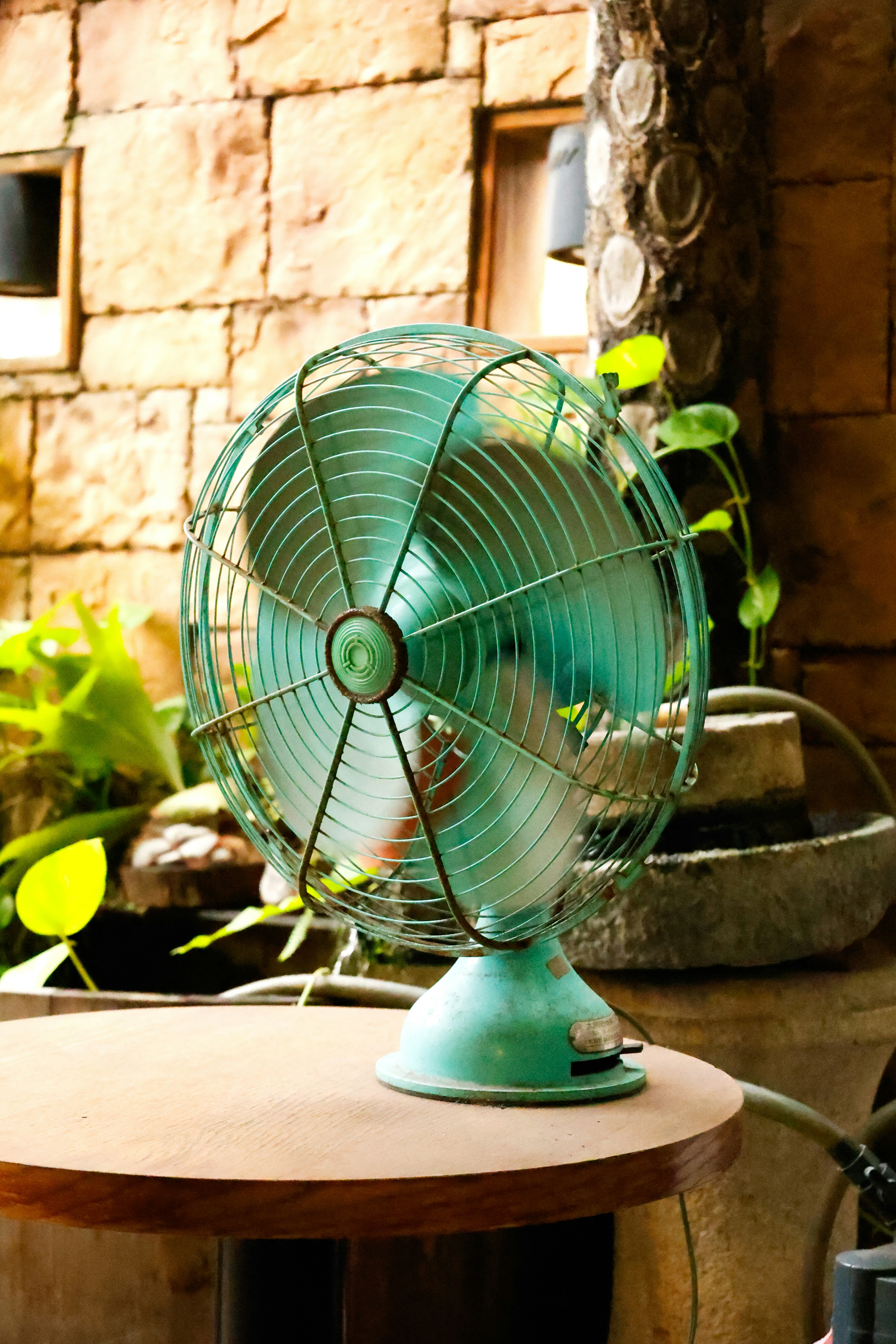 A turquoise vintage fan guarding a sunlit corner