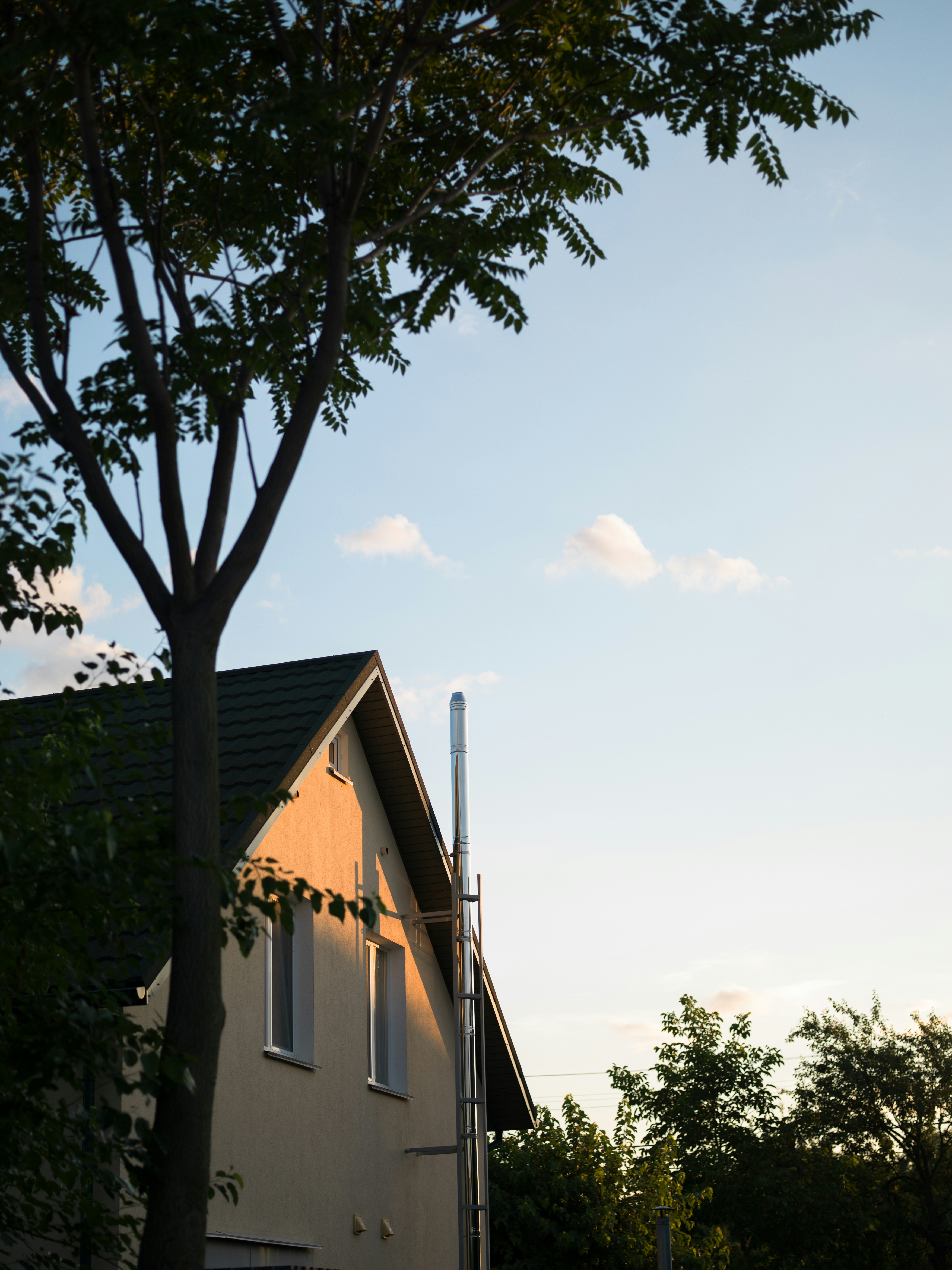 Sunlit facade of a modest house with a sloped roof, ladder leaning beside the wall, and a tree casting long shadows against a pale evening sky.