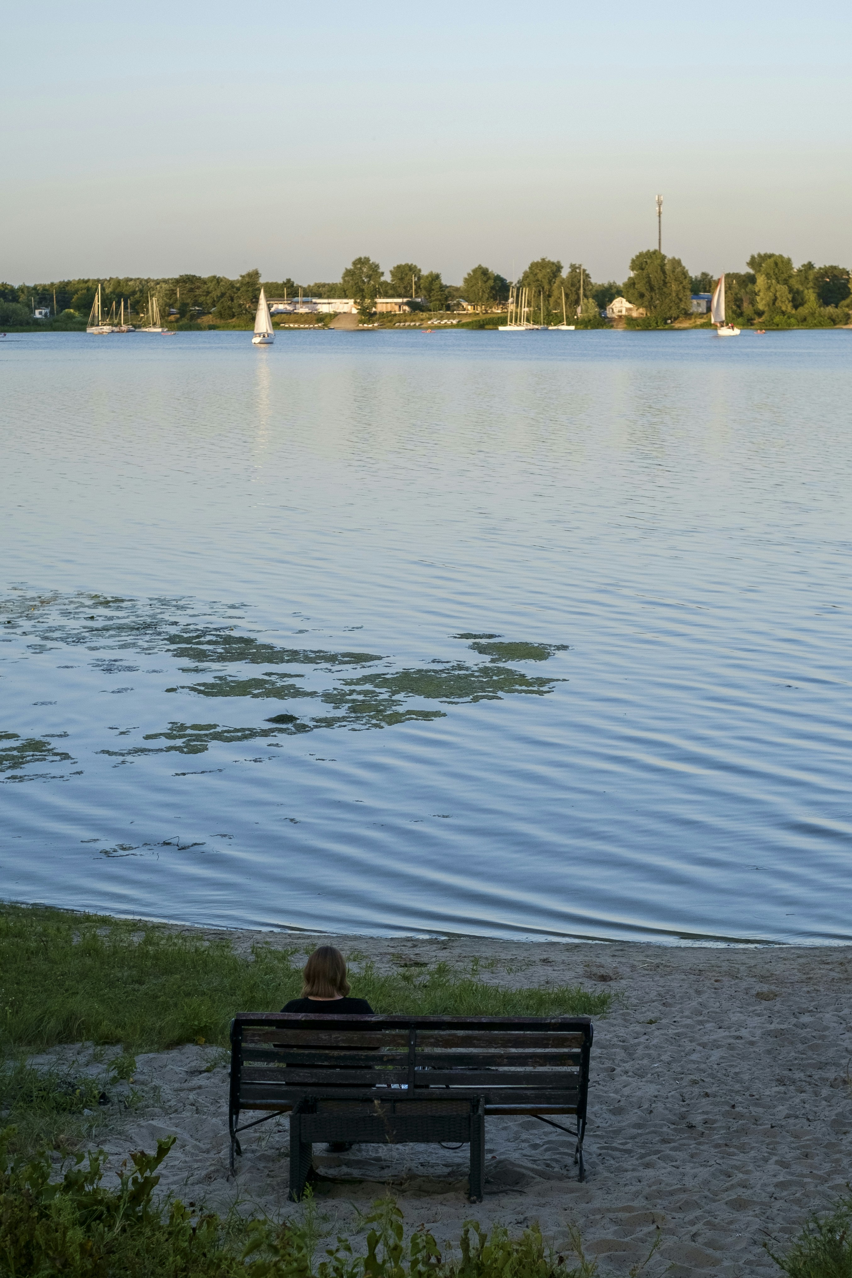 Quiet Riverside Scene: Sailboats on a Calm Lake with a Park Bench