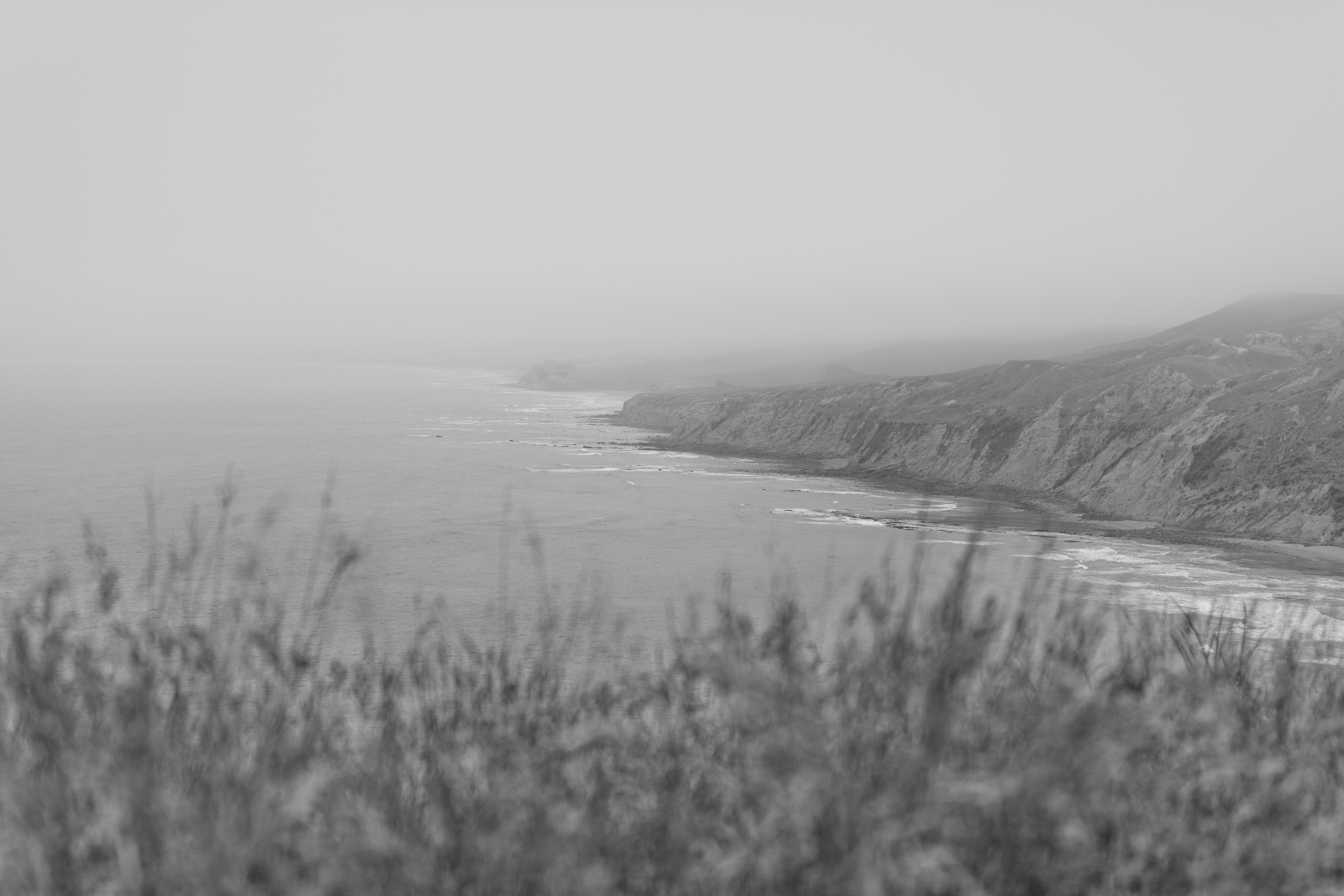 Fog over the Cliffed Shore: A Quiet Horizon in Black and White