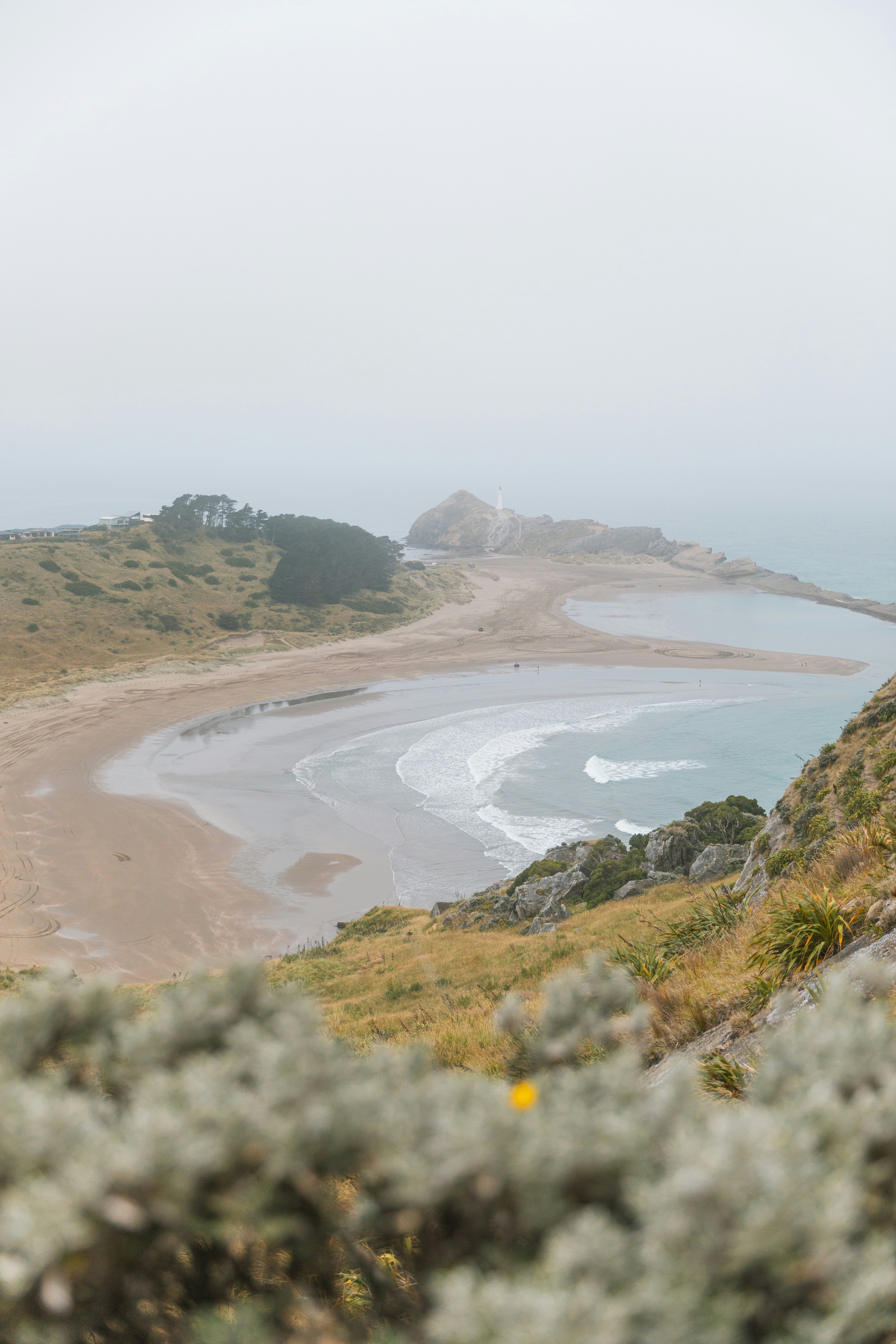 Coastal crescent: misty shoreline beneath a windswept promontory
