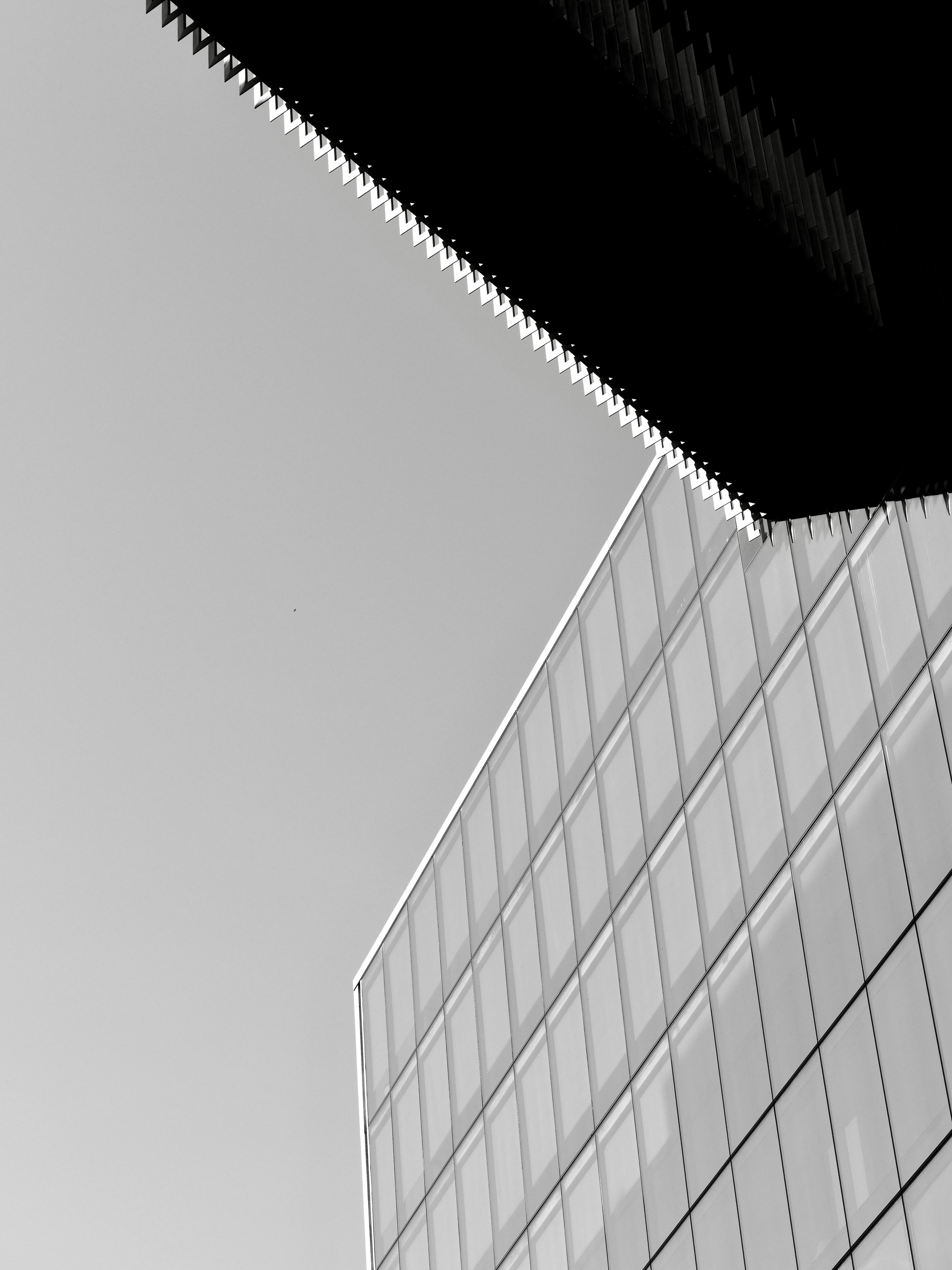 Diagonal Glass Facade under a Serrated Overhang