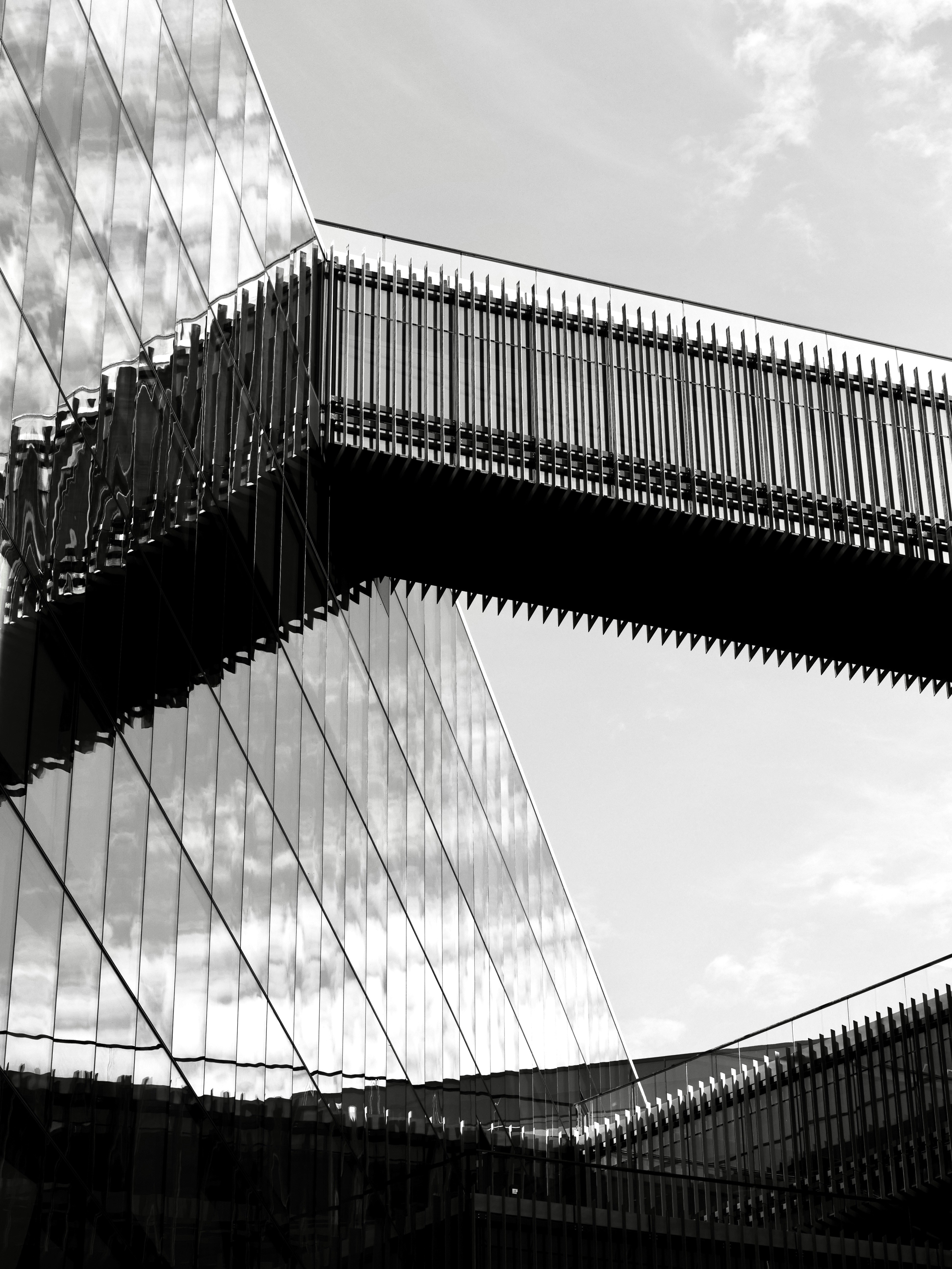 Bridge of Glass: A Monochrome Study of Steel, Reflections, and Sky