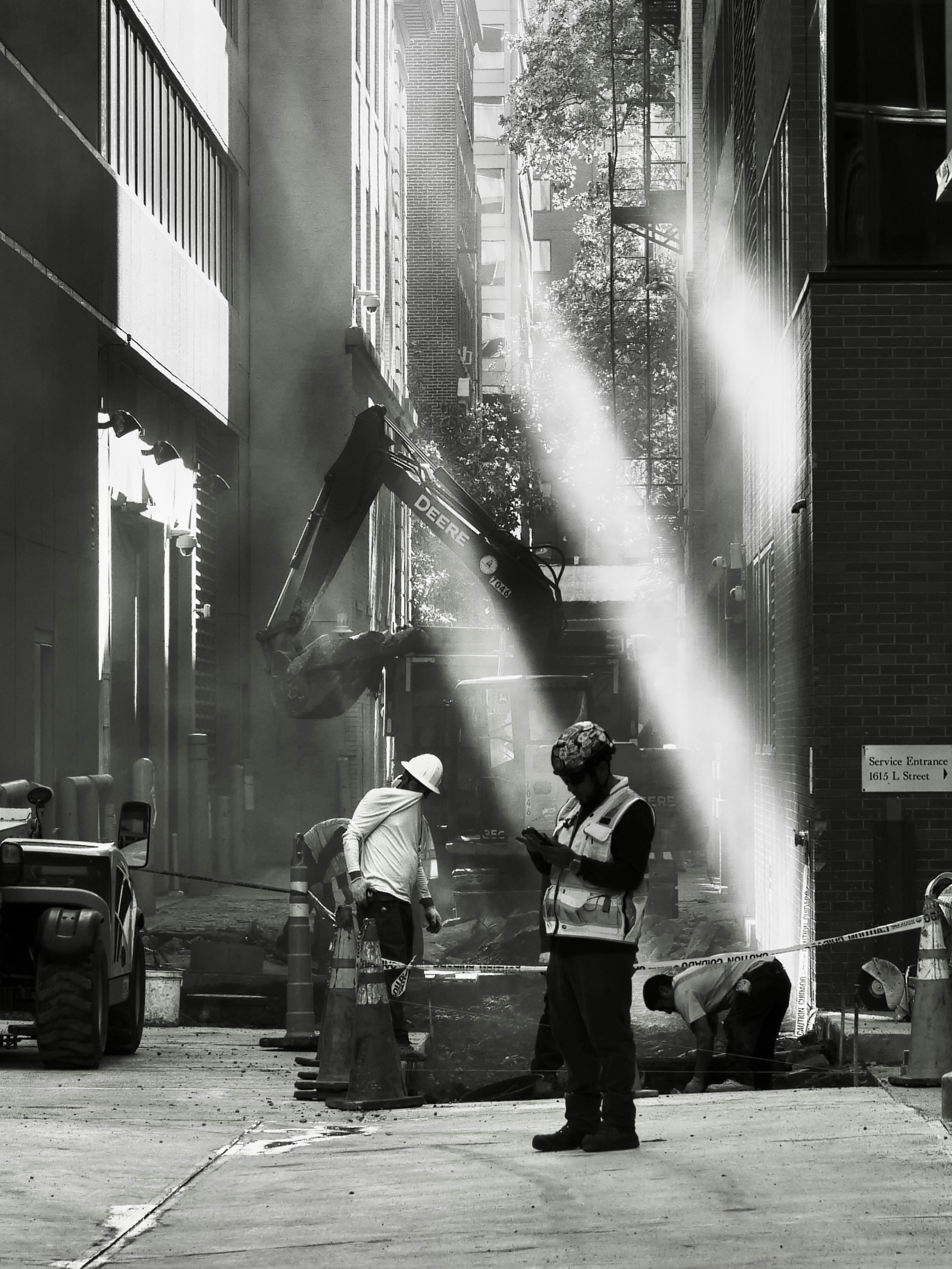 Steam and Steel: Construction Crew in a Narrow City Canyon