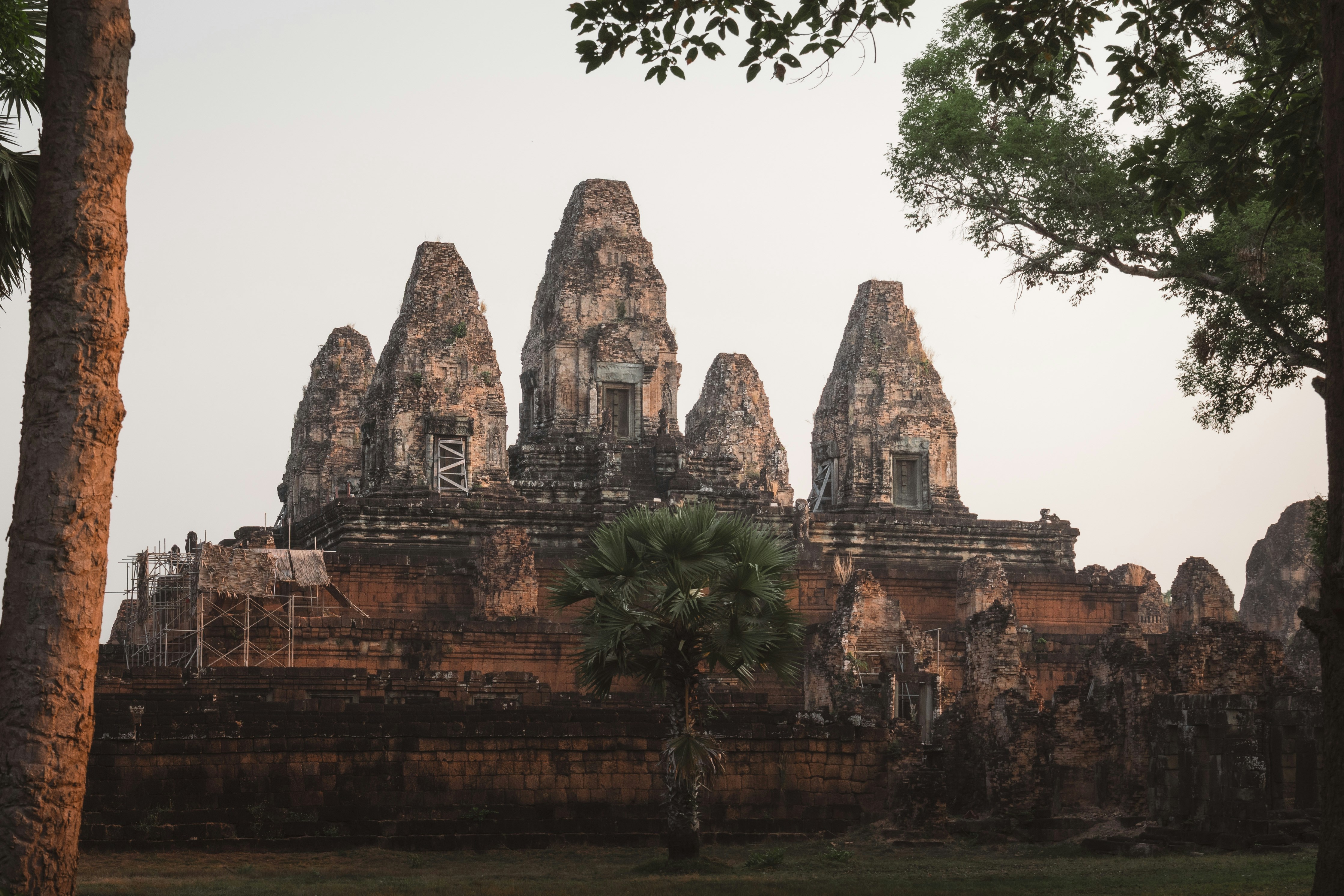 Twin Gates at Dusk: A Timeless Khmer Fortress Framed by Palm Shadows