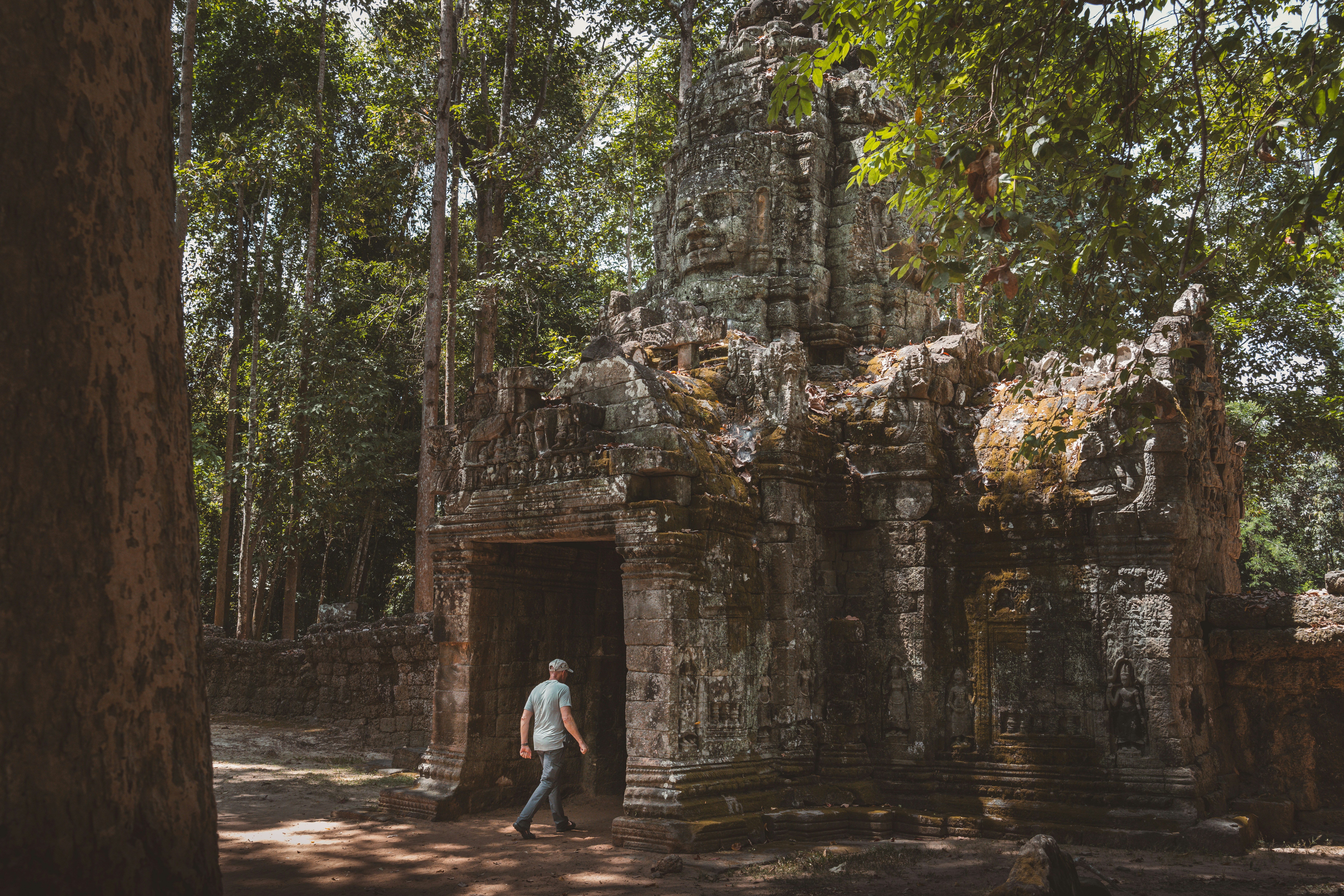 Traveler before the carved ruins in dappled temple forest