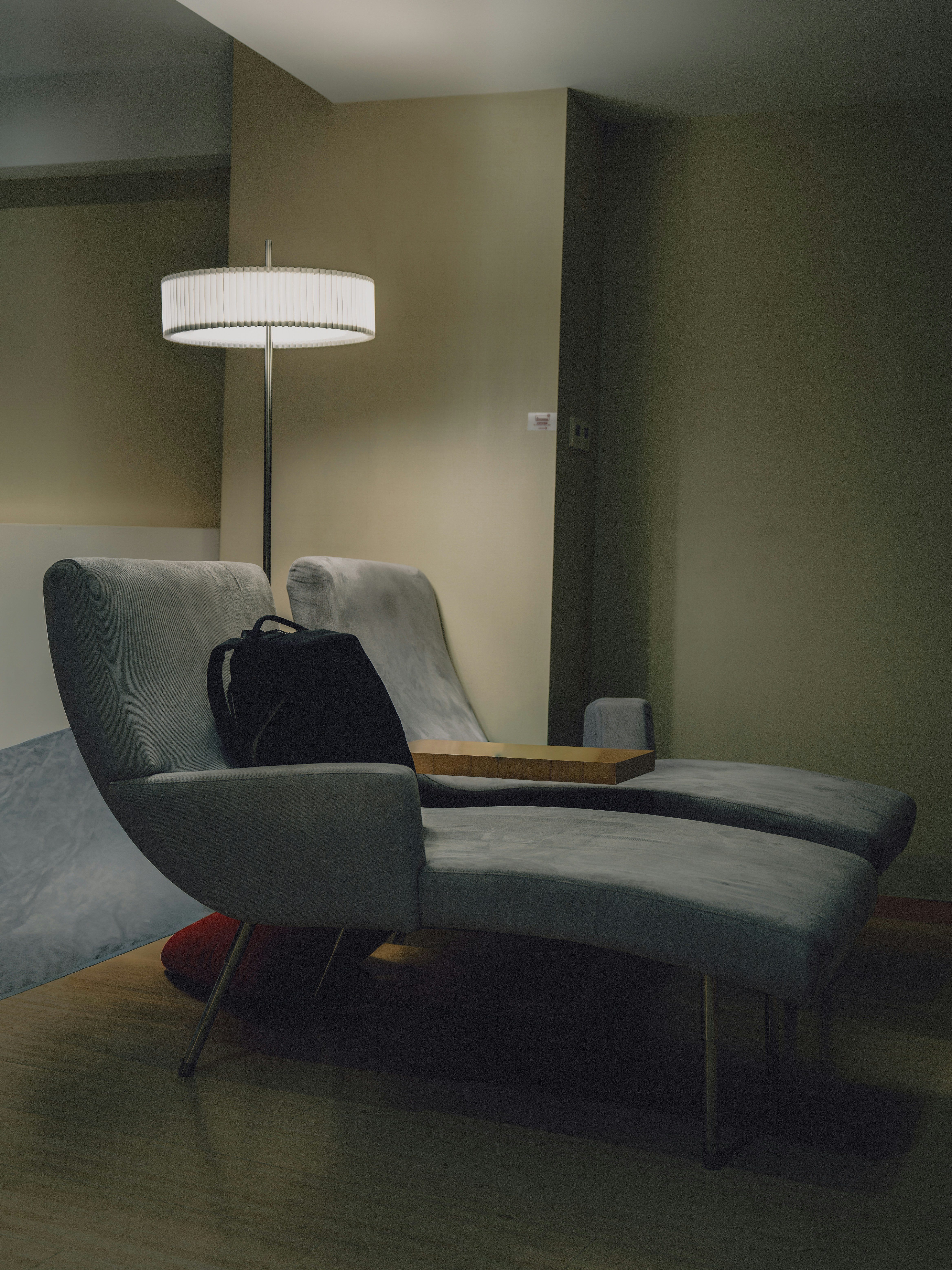 Softly lit lounge with a curved chaise and a minimal table in muted tones; a black bag rests on the seat, set against olive walls and a floor lamp. Photograph shows interior decor and mood lighting.