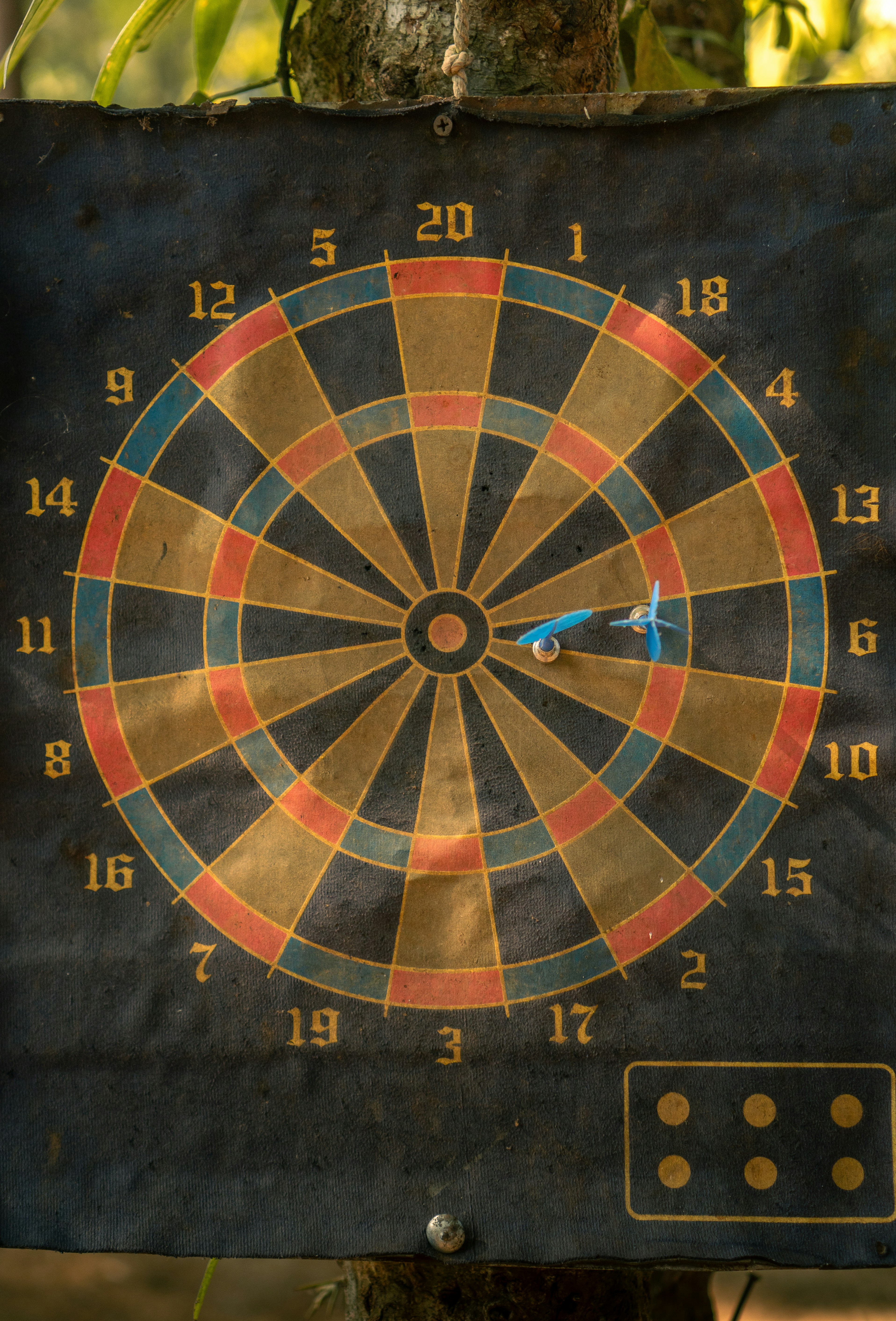 Dartboard on a rustic wooden backboard with two darts at the bullseye