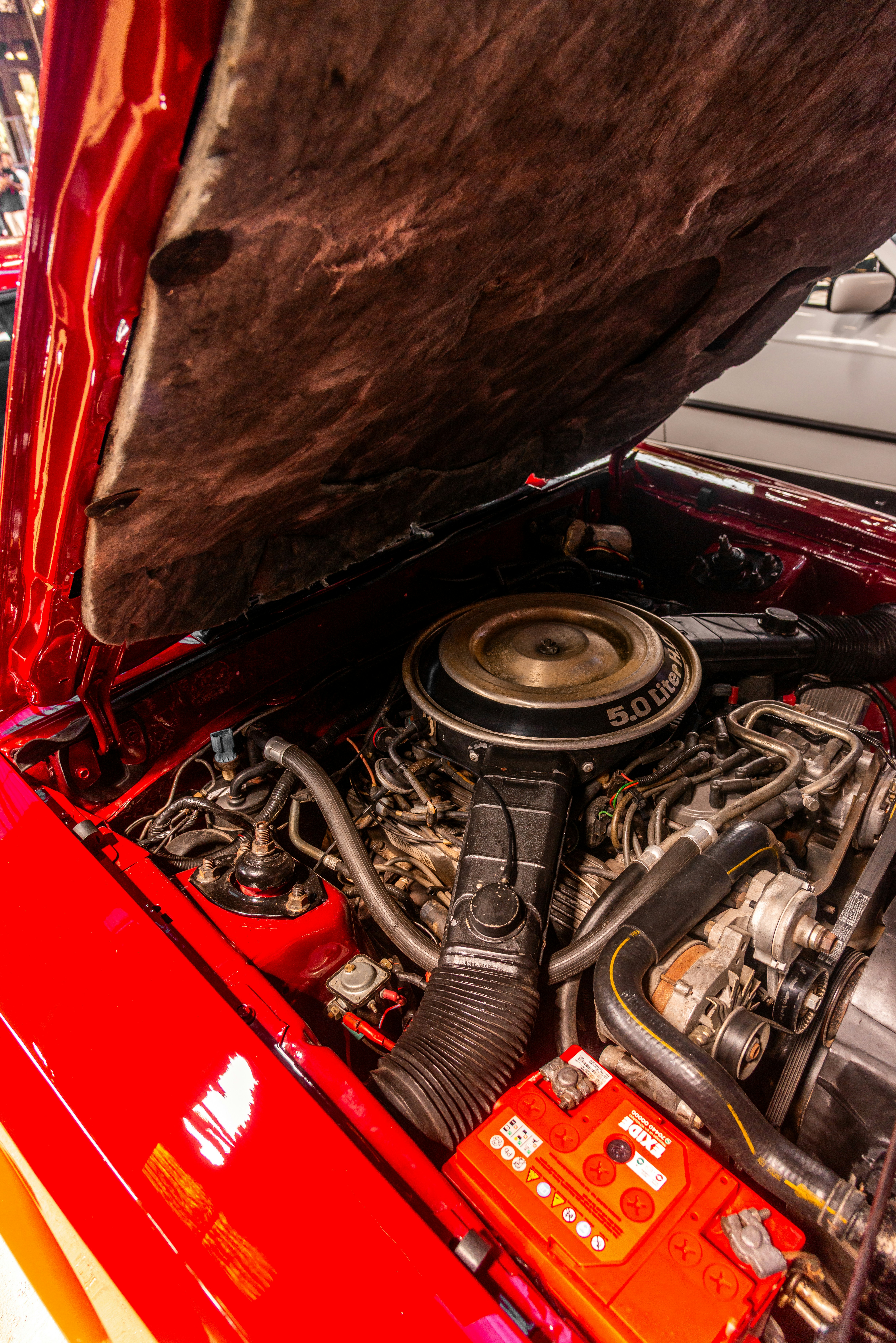 Under the Hood: A Vivid Red Muscle Car’s Airflow and Guts