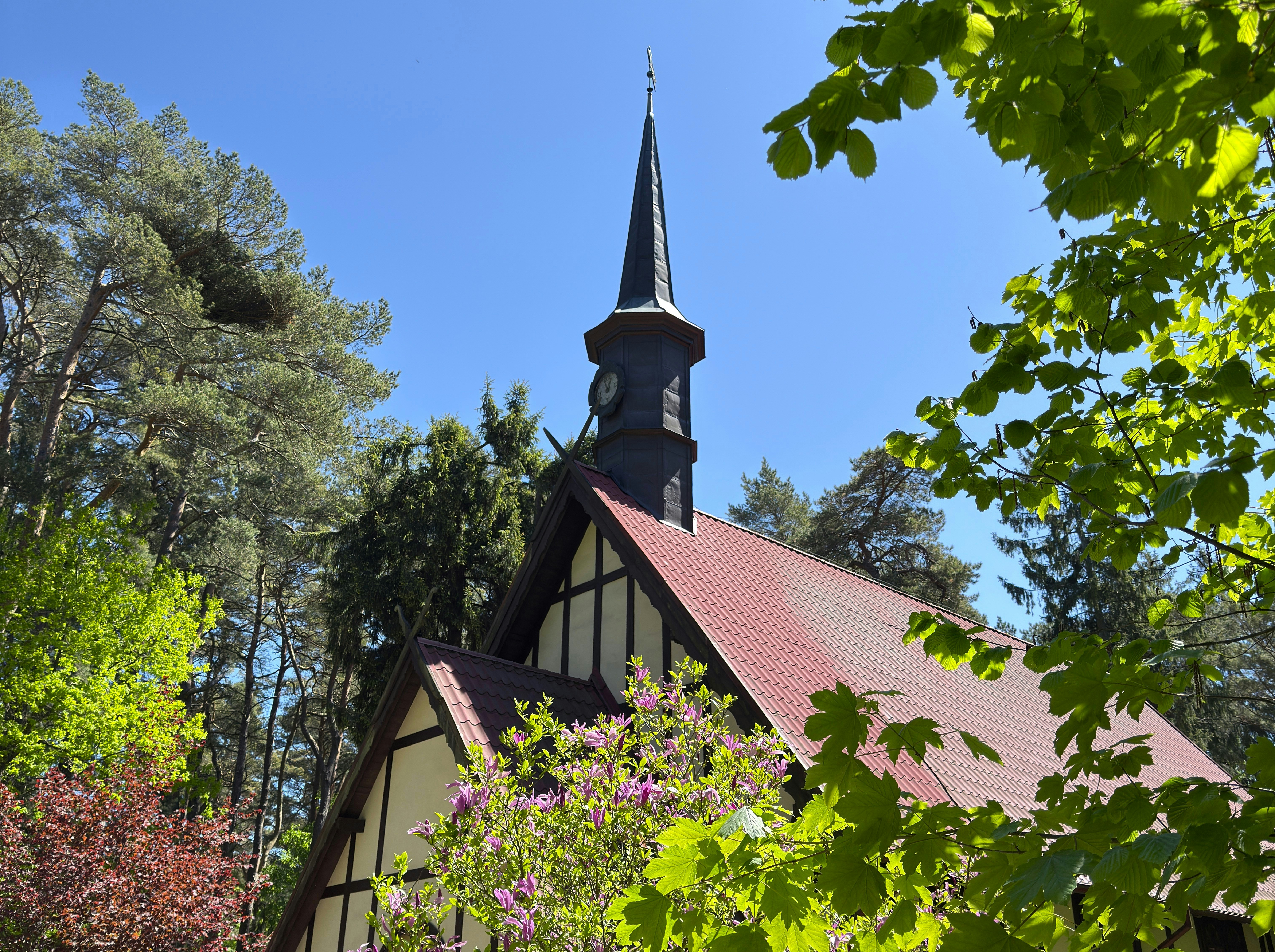 Red-roofed chapel steeple rising among spring foliage