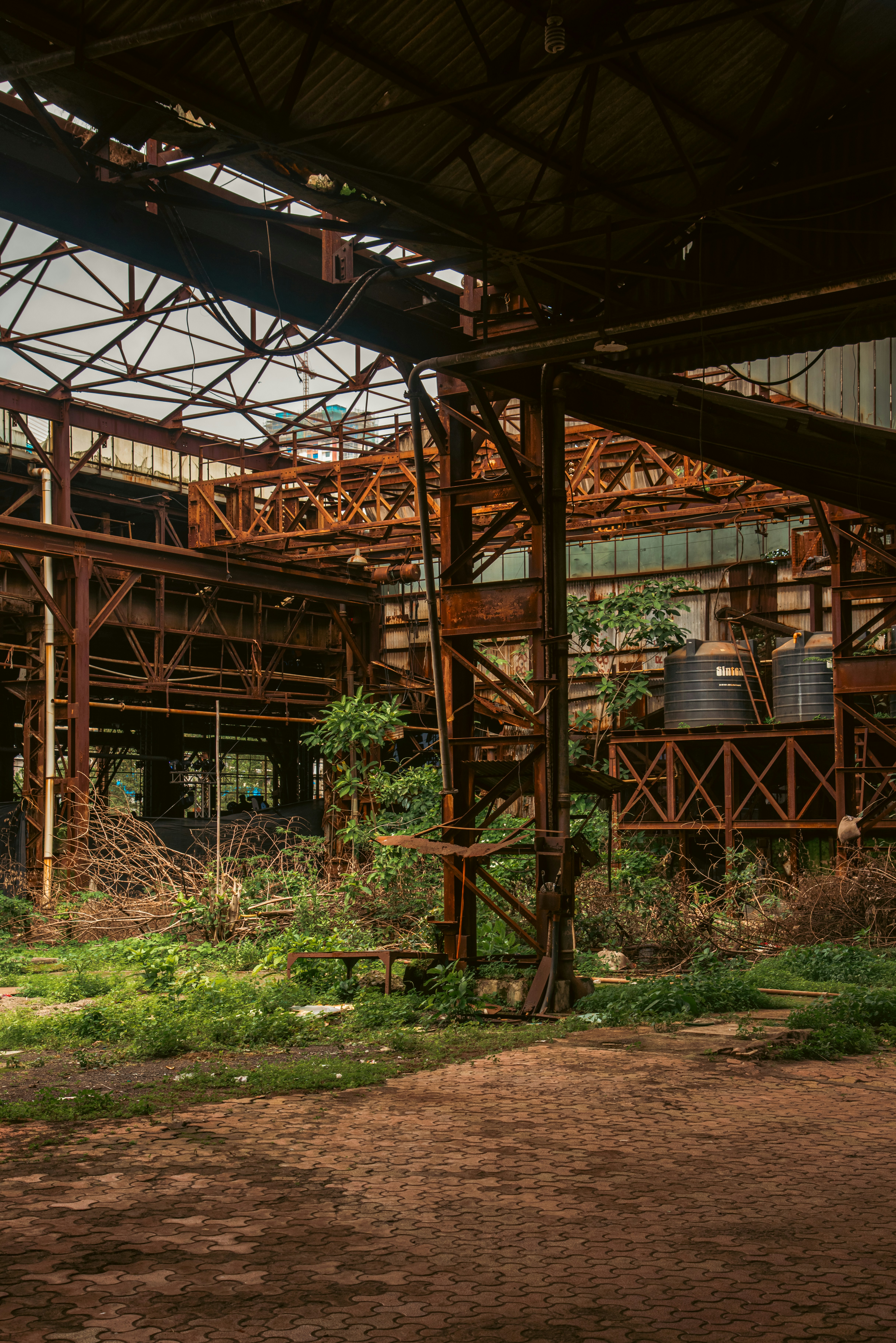 Weathered Steel Skeleton: An Industrial Clearing Amid Rust and Vegetation