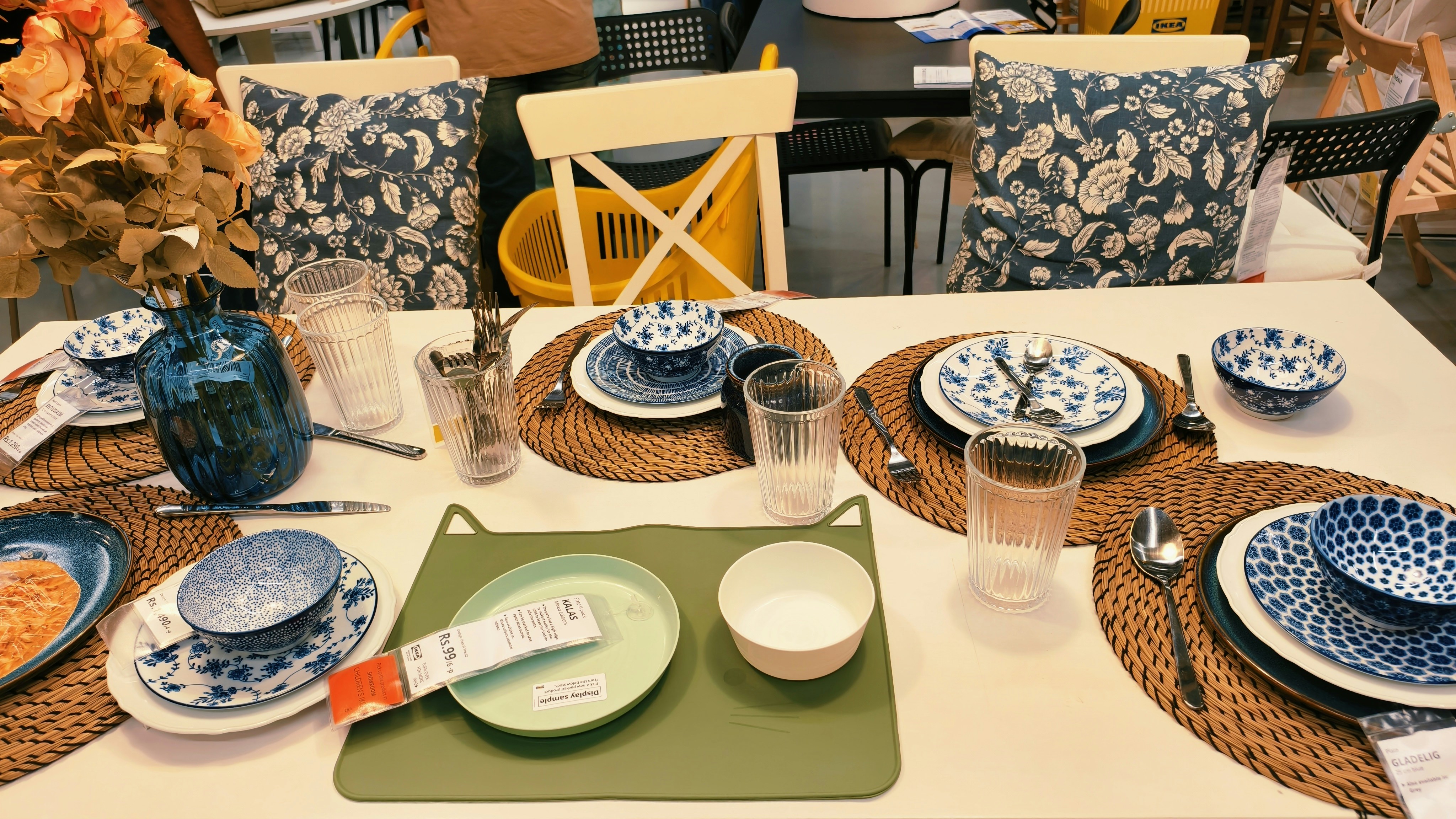Blue-and-White Tableware Arrangement with Green Accent Tray