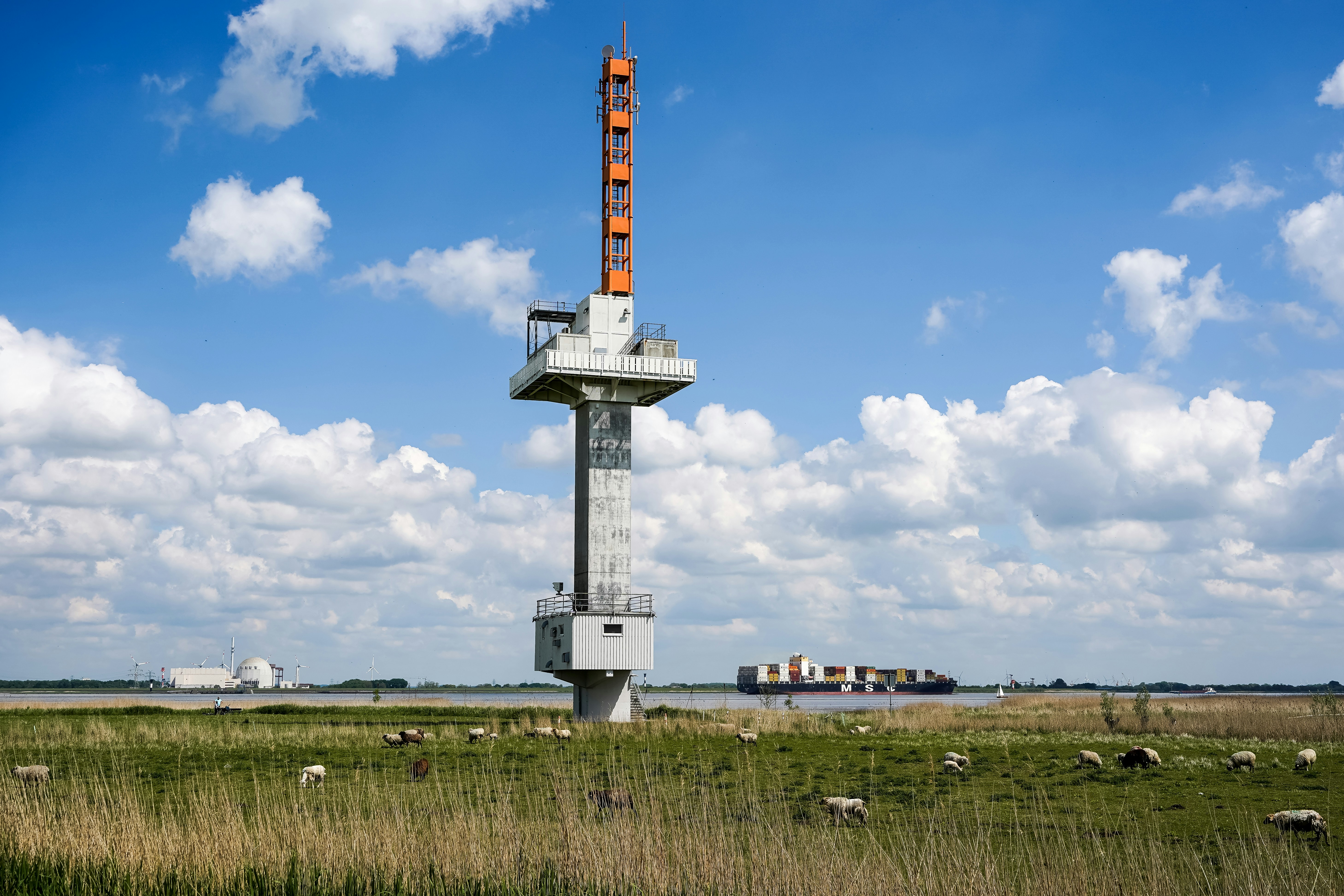 Industrial beacon: a solitary tower rises over flat marshland