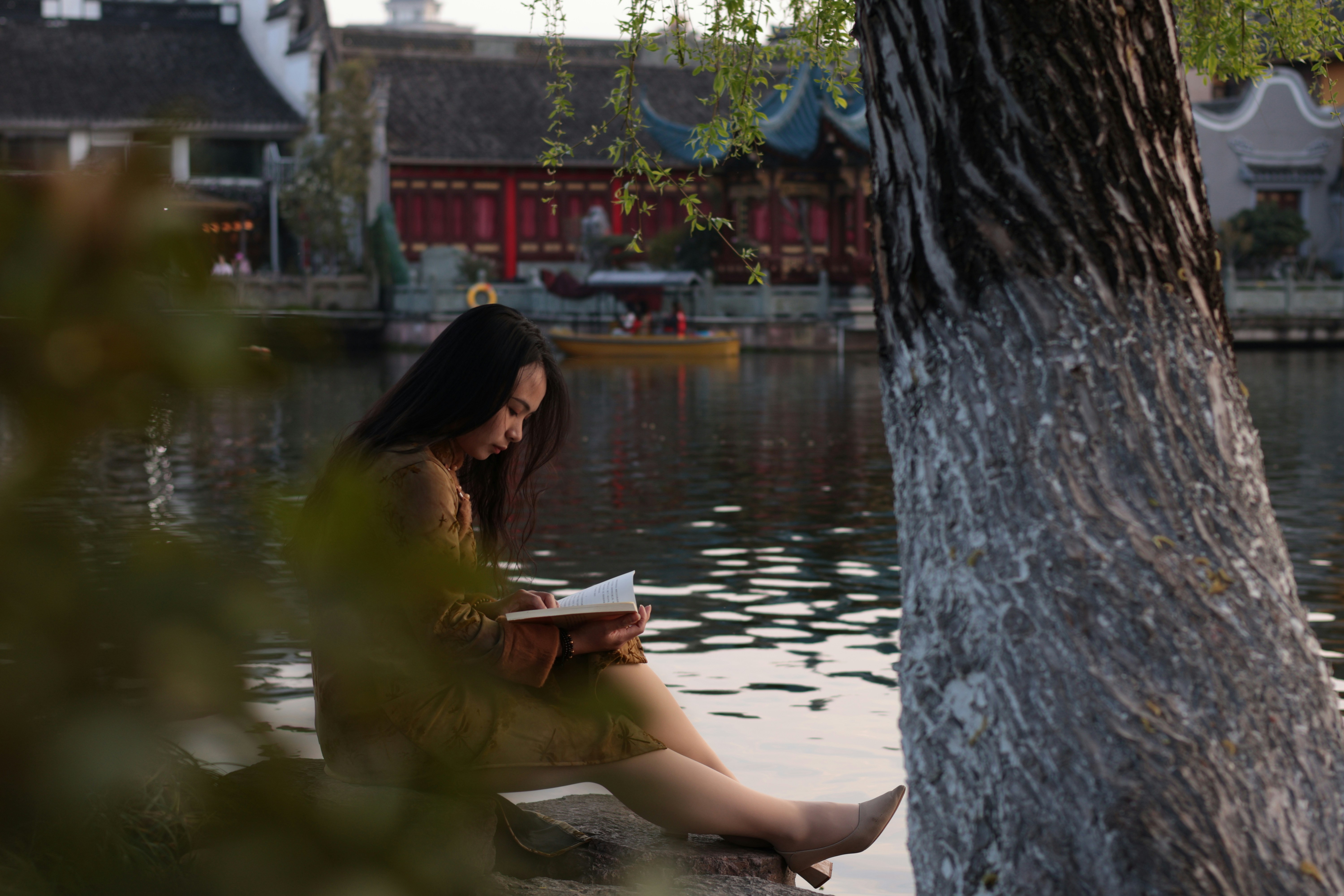 Reader in Shadow by the Water: Quiet Moment Under a Willow