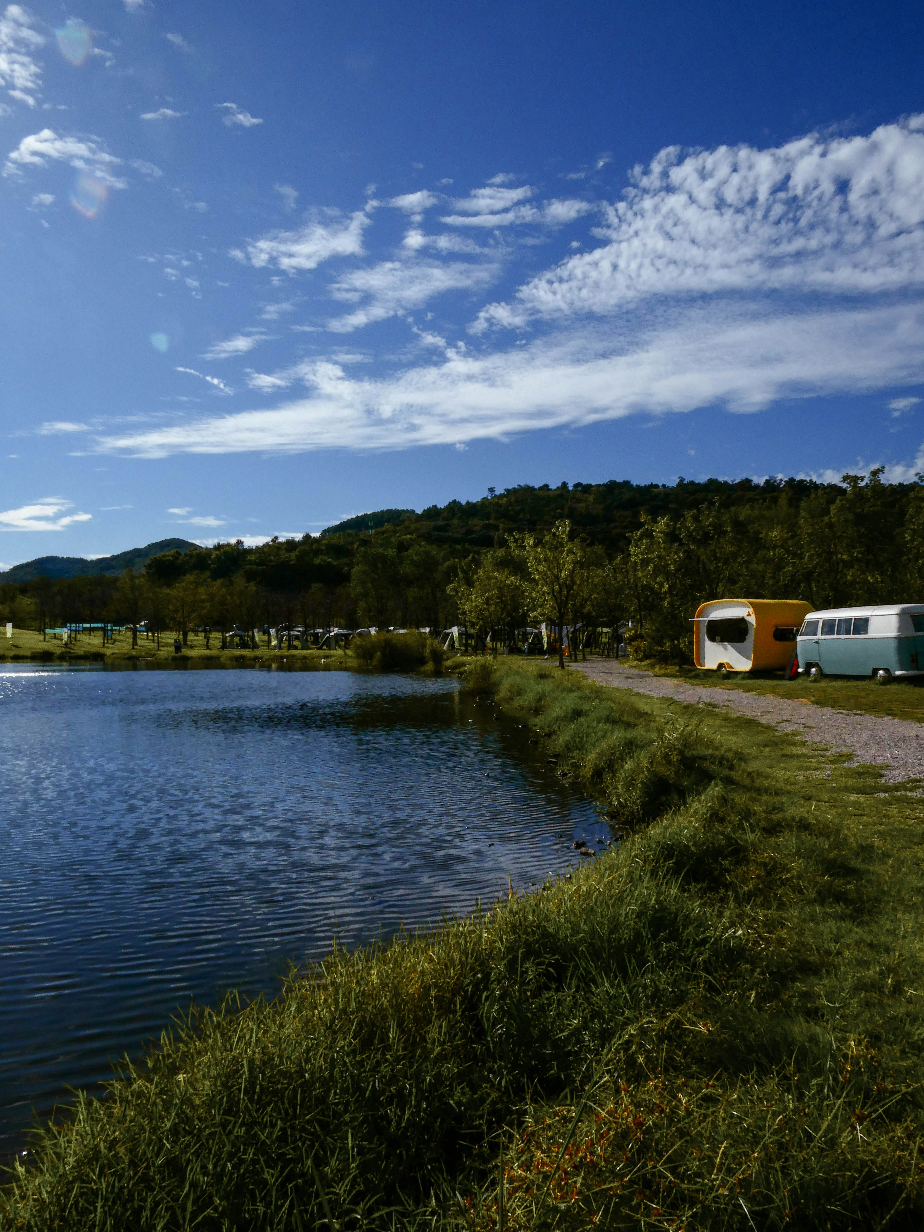 Blue Sky, Green Bank: A lakeside campground with vintage caravans