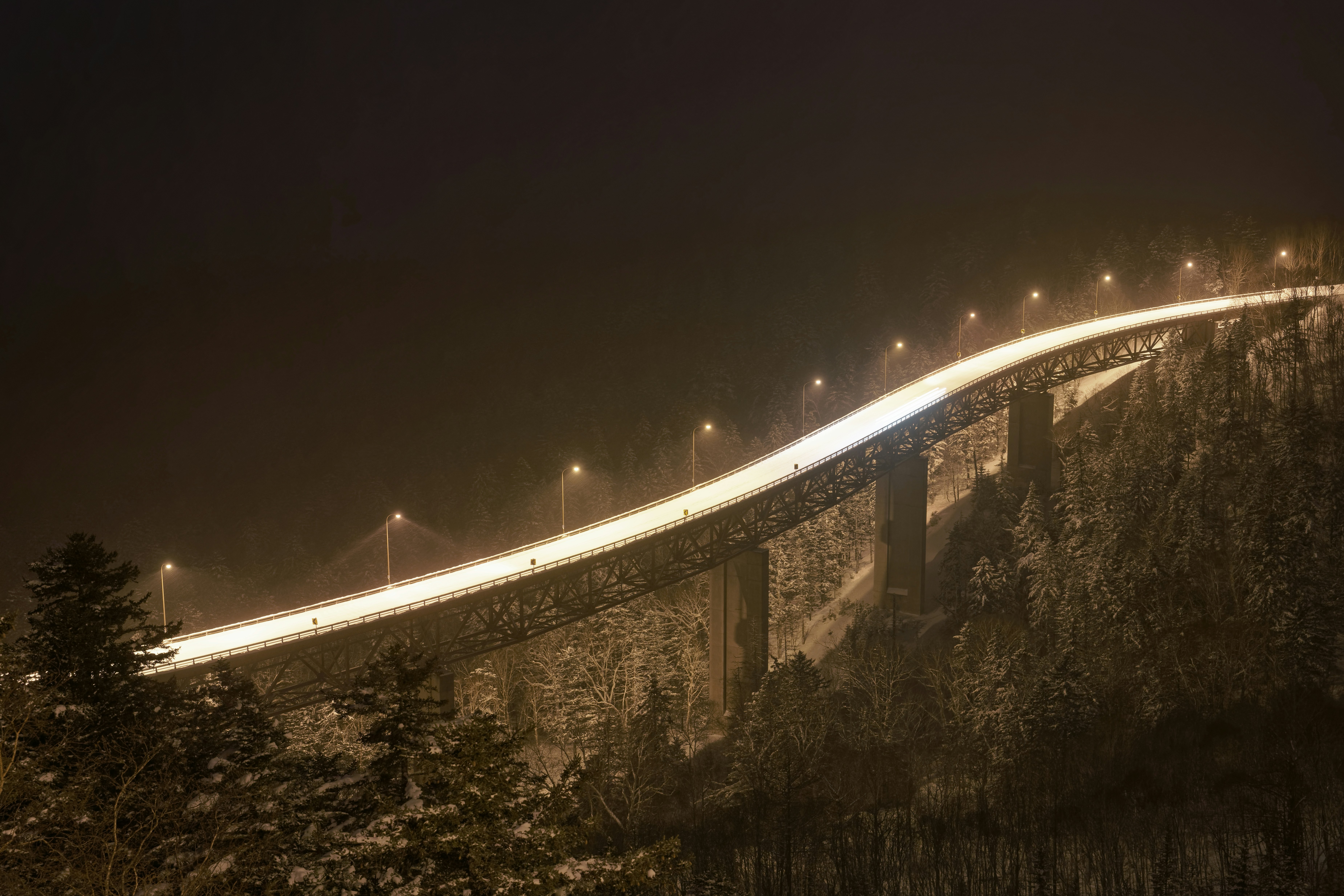 Nighttime Highway Arc: A Snow-kissed Bridge in Soft Lamplight