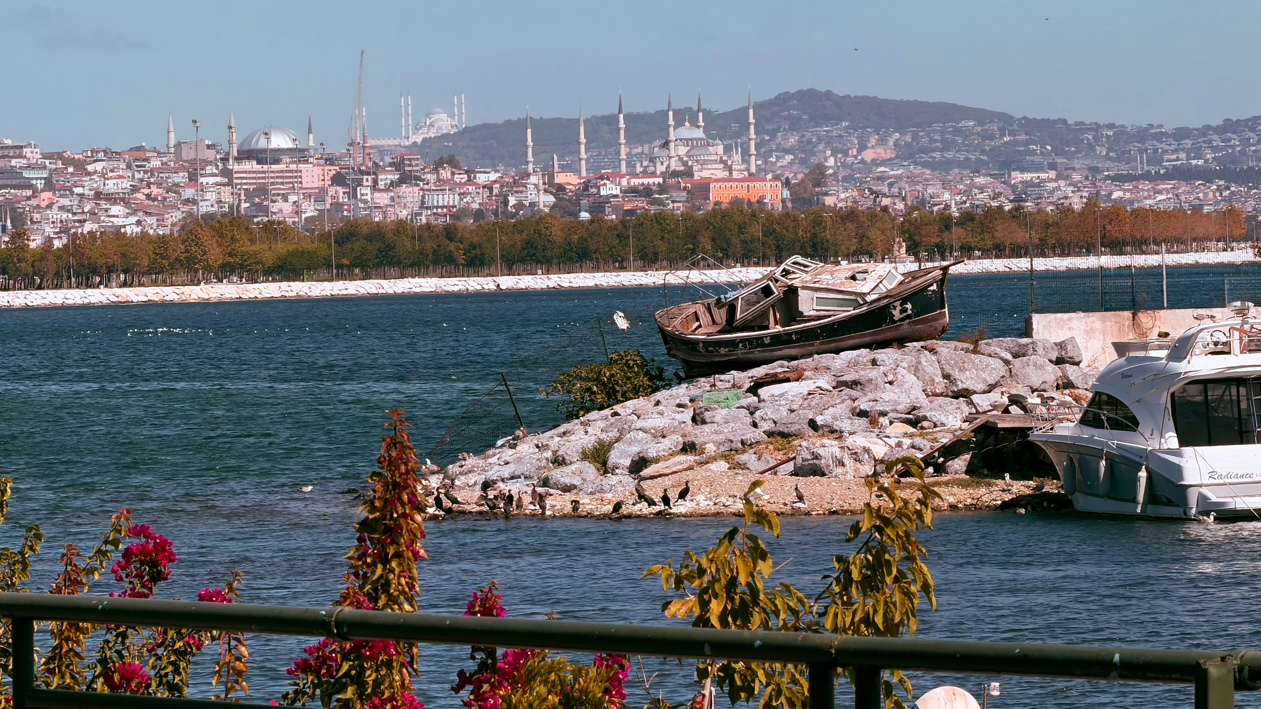 Harbor Scatter: Crumbling Wooden Boat against a Turquoise Sea