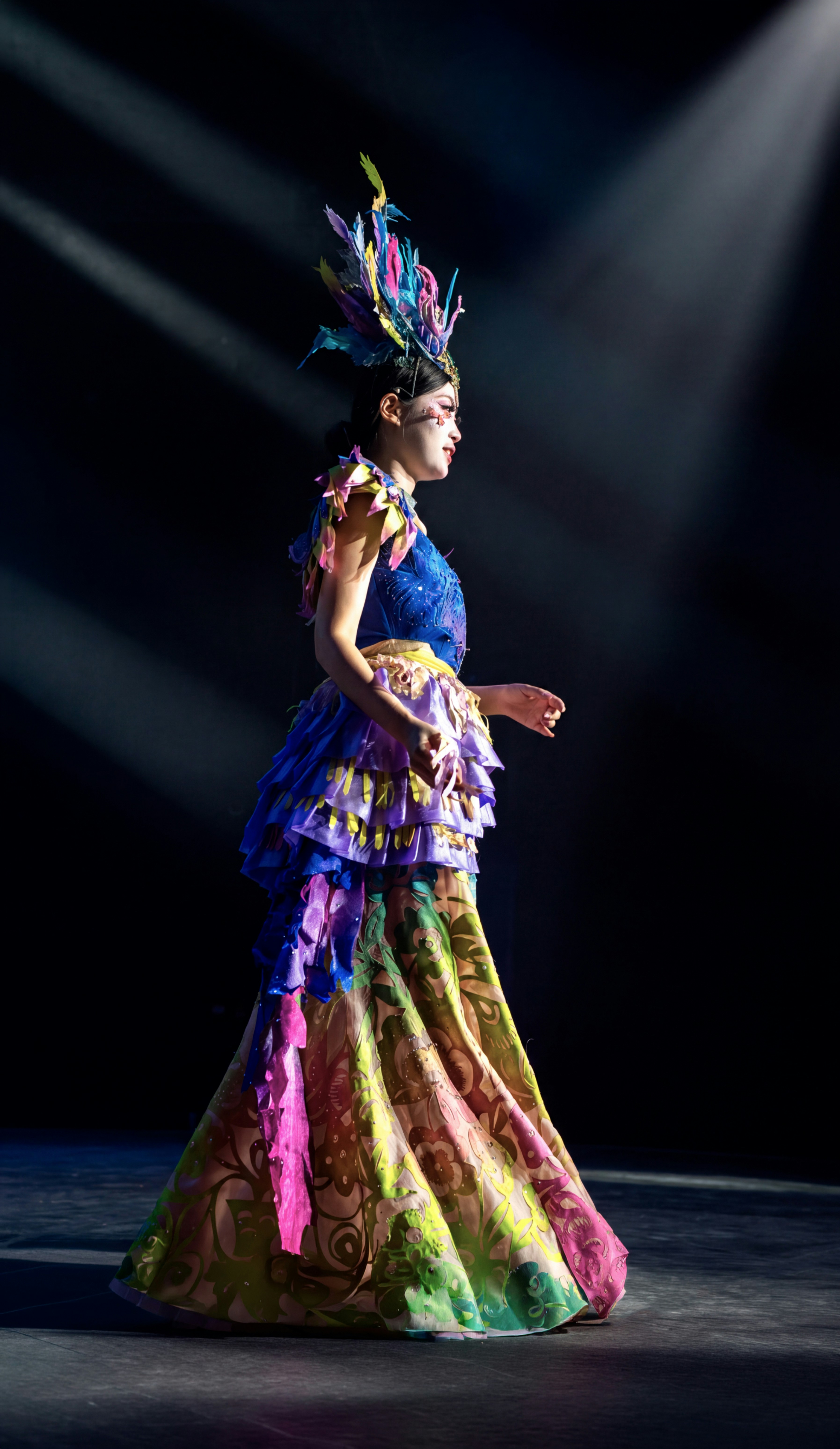 Vivid Fiesta on Stage: A Dancer in Multi-Hued Tiers
