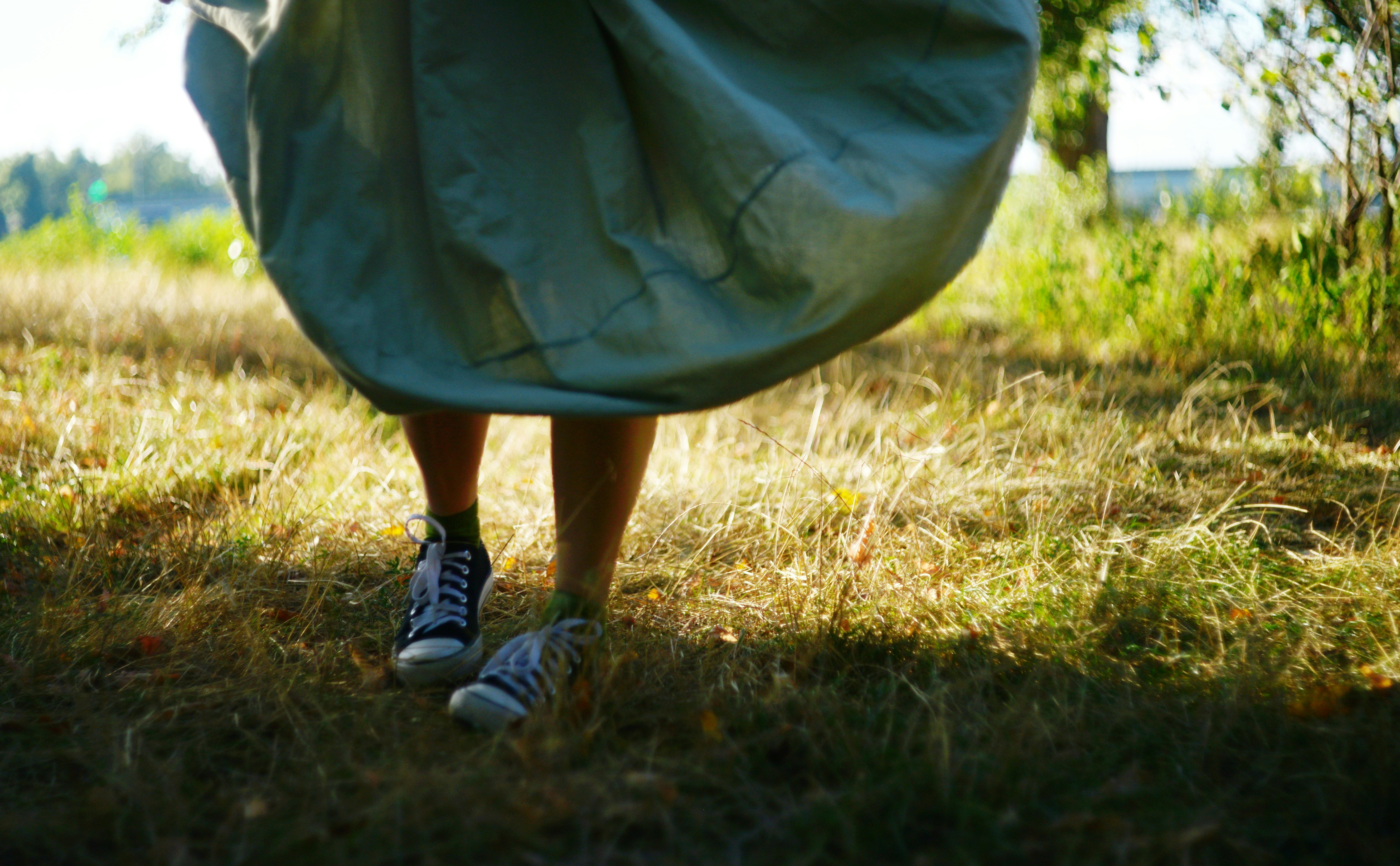 Footsteps in the Sunlit Meadow: A dress swirls as a figure walks