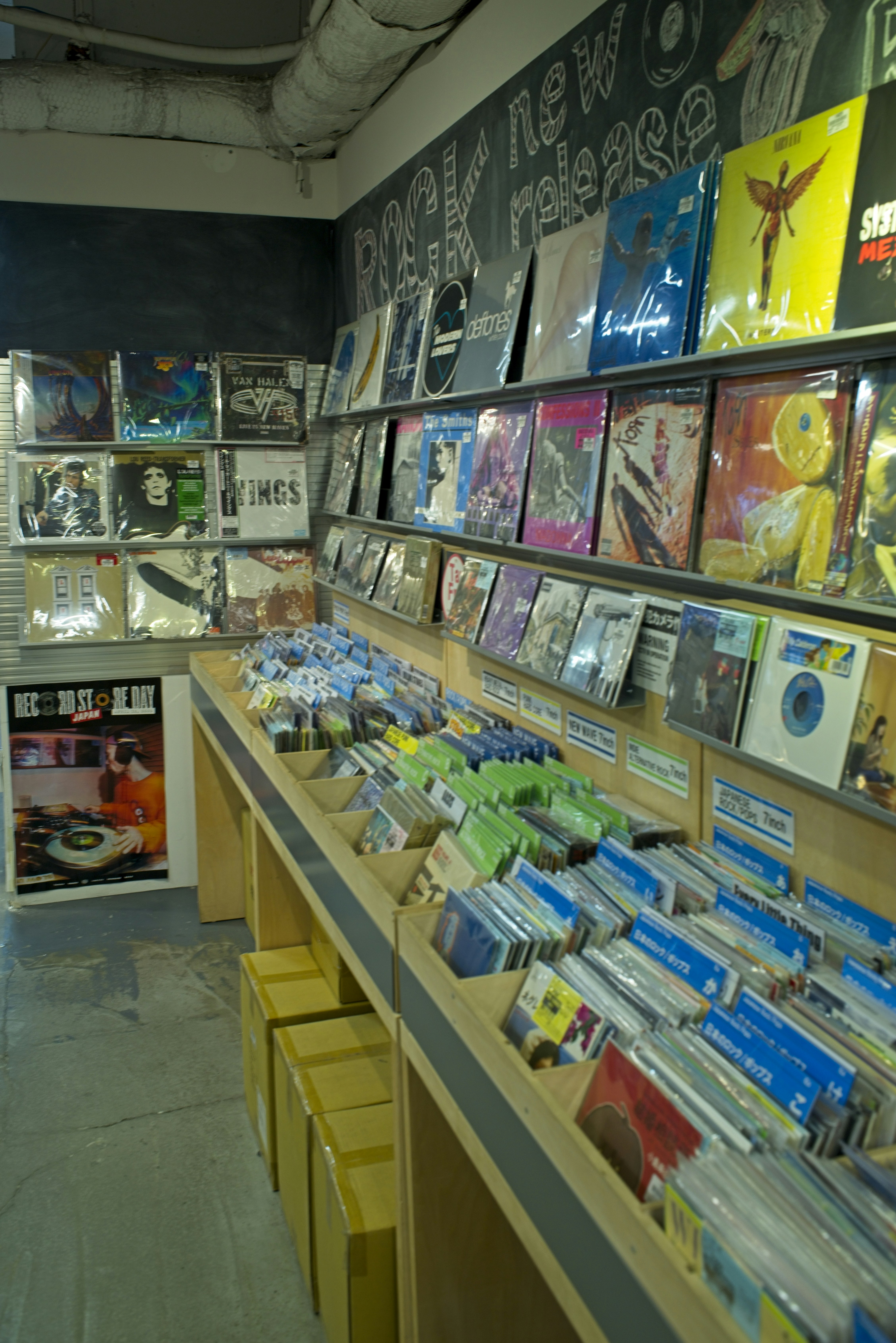 Vinyl Aisle Echoes: A Packed Record Shop in Soft Neon
