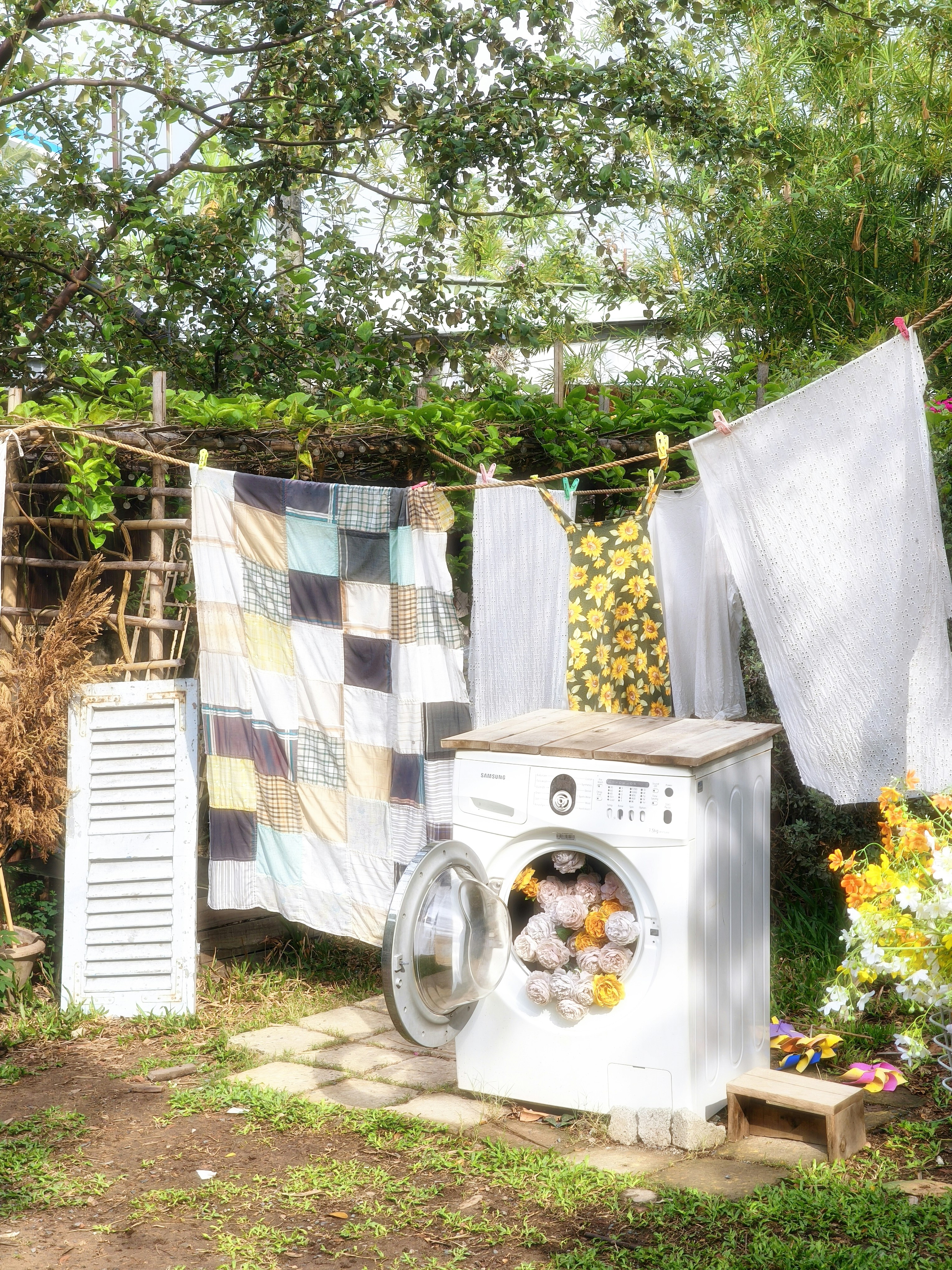 Laundry Lullaby: A Cozy Yard with Floral Confession