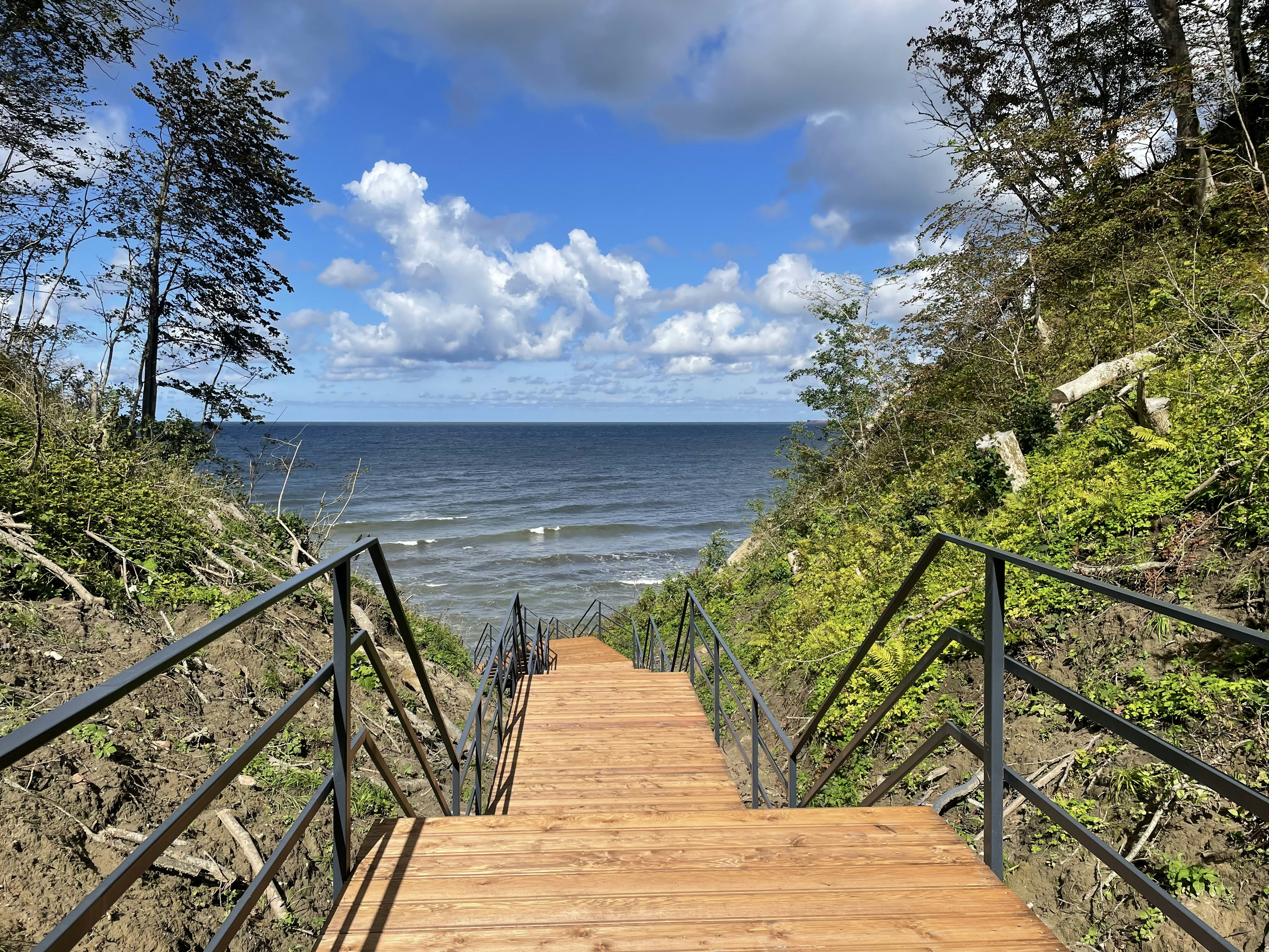 Coastal descent: wooden stairway toward the open sea