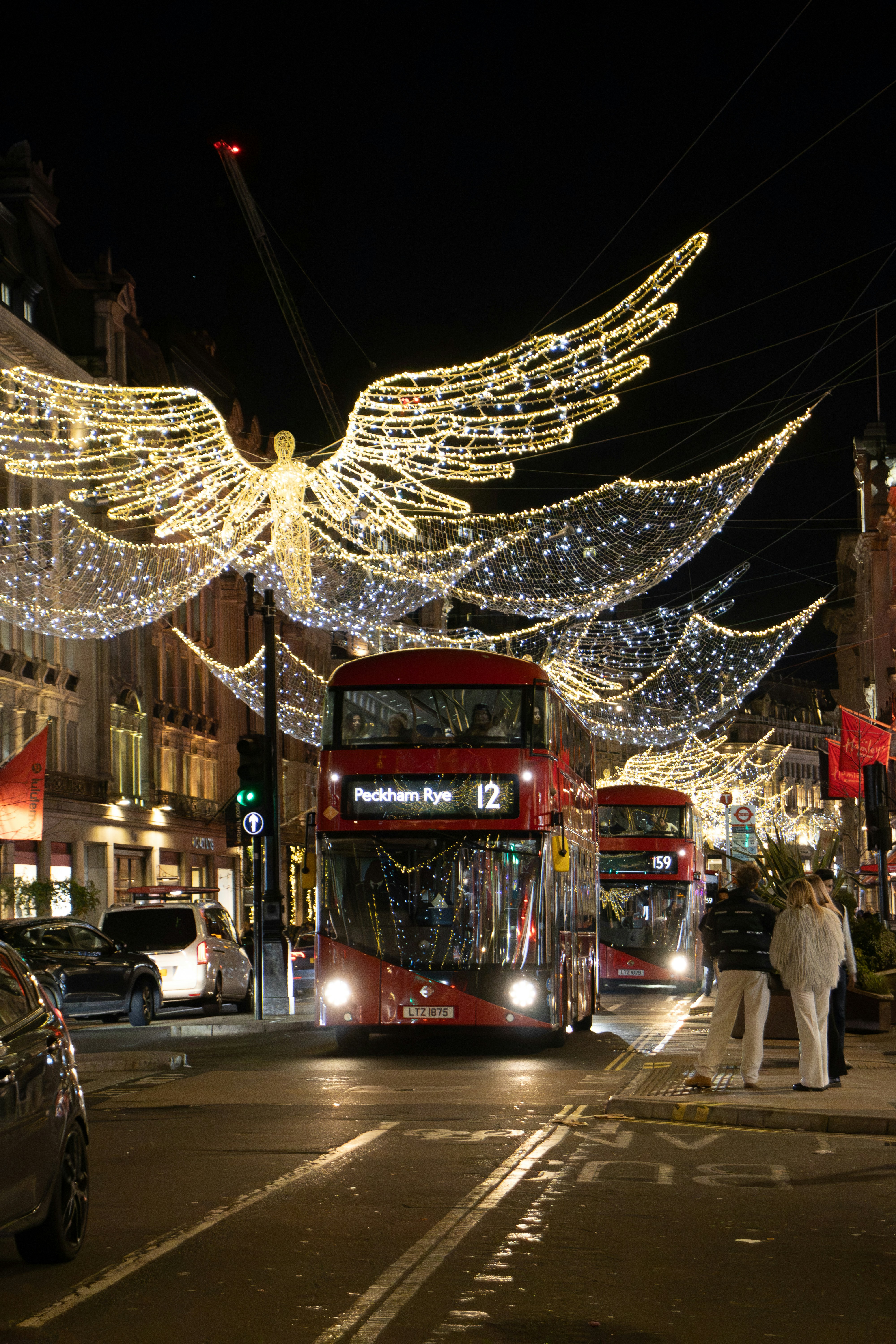 Midnight Red: Festive Double-Decker Lights and Streetcars