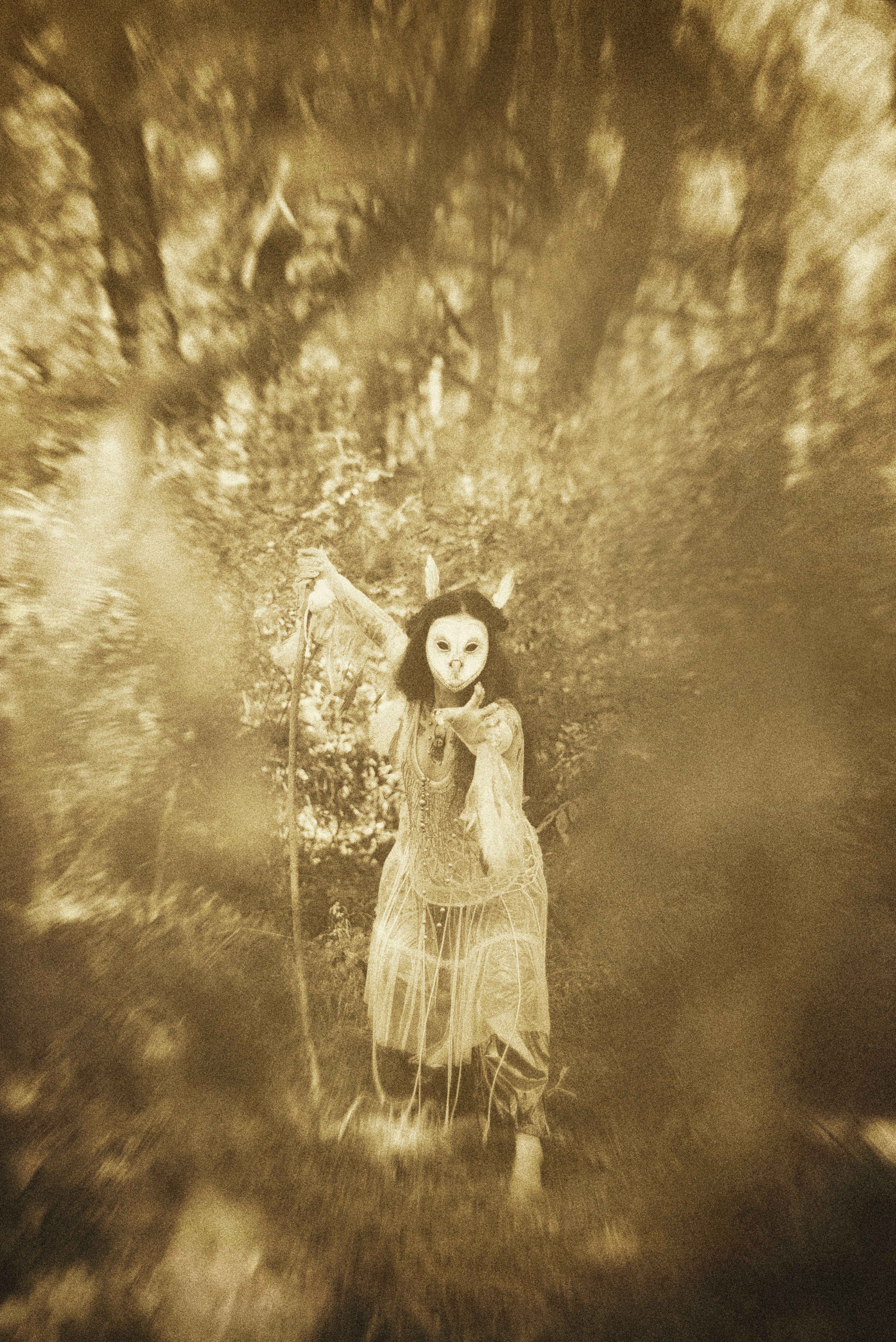 Whispering Veil: A Ghostly Figure in Sepia Forest