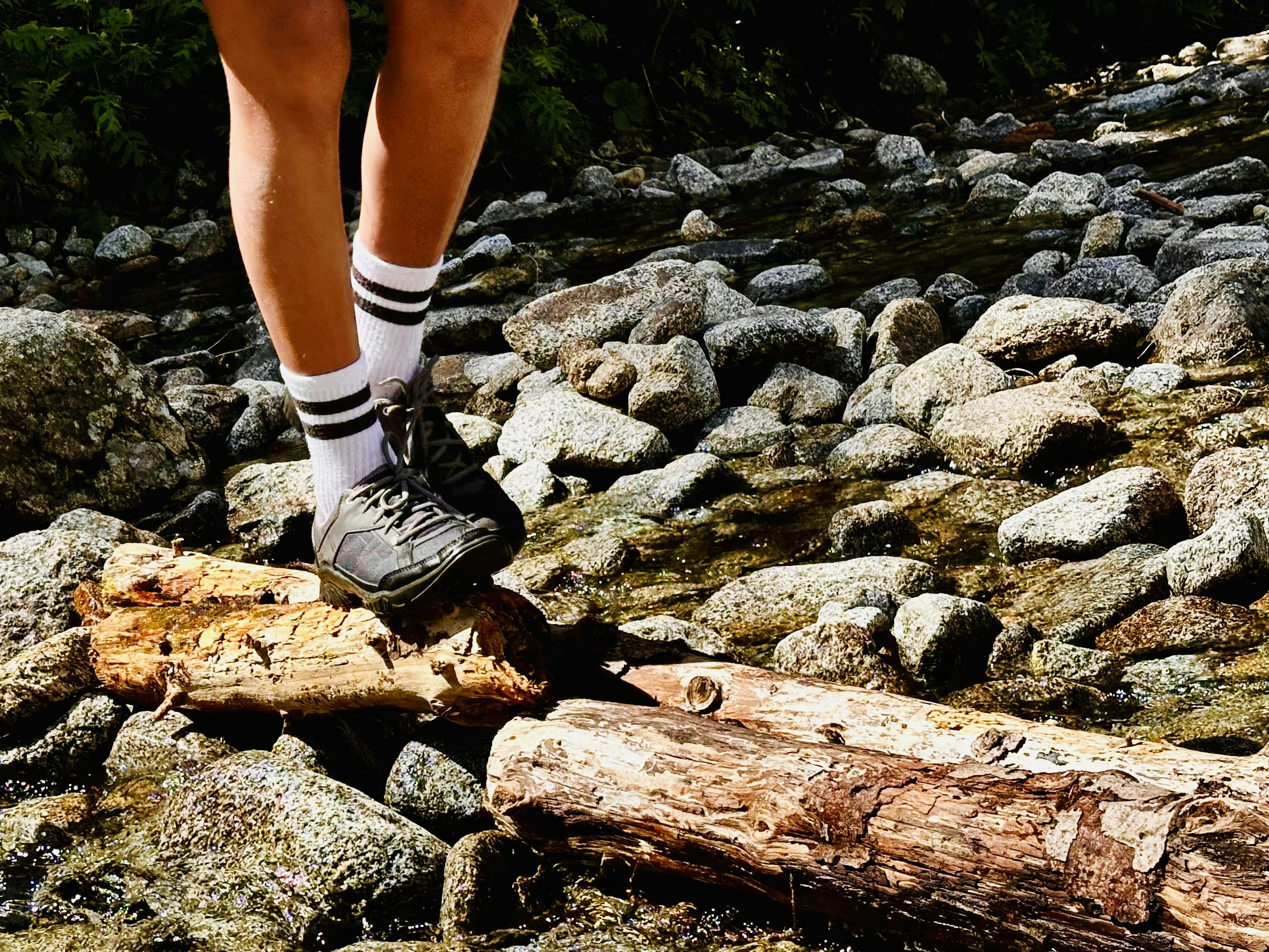 Balancing on a Log: Footsteps Across a Pebble Torrent