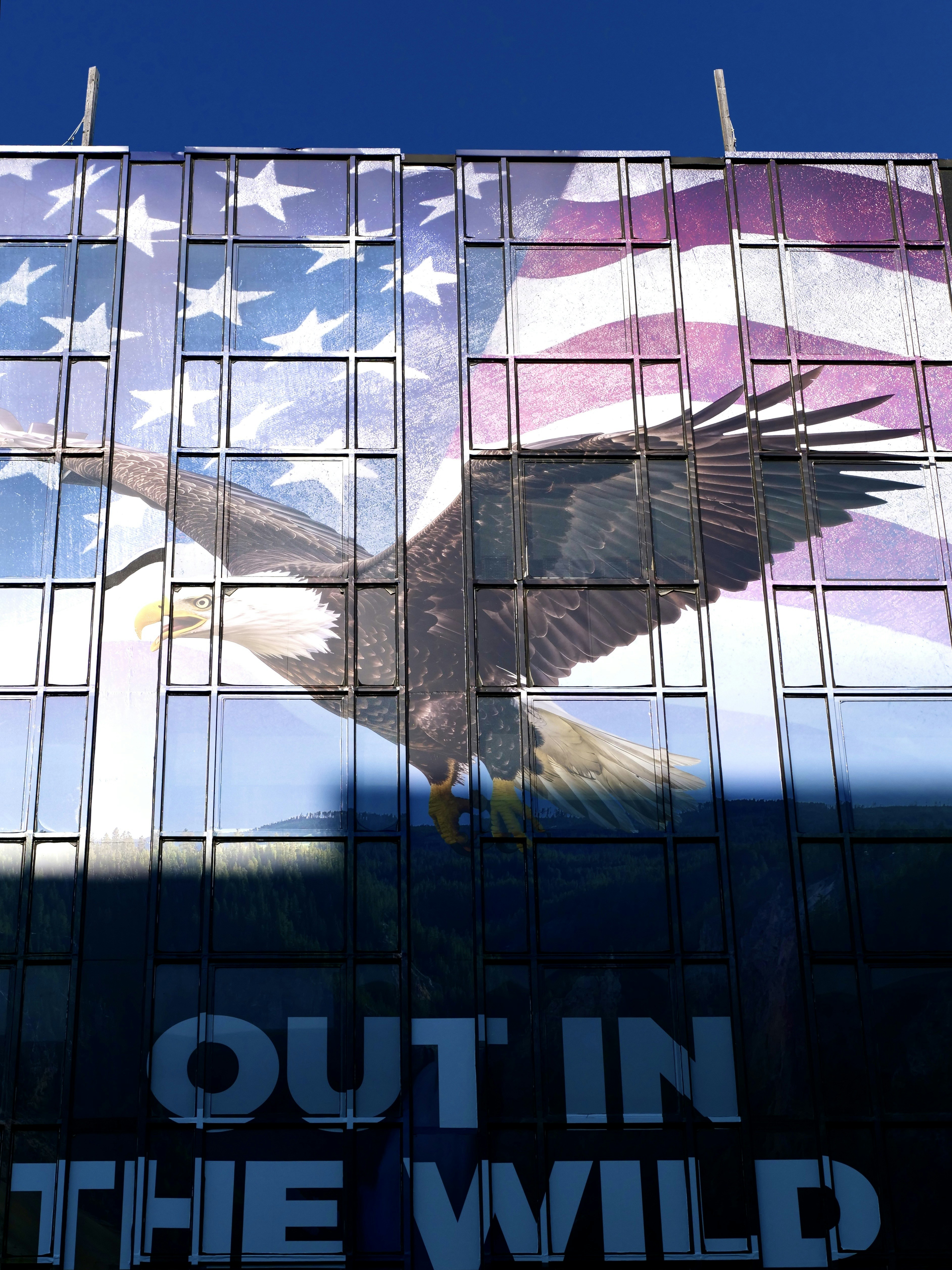 Colorful mural of a bald eagle soaring across a glass-front building with an American flag in the background; the design is reflected and segmented by window frames.