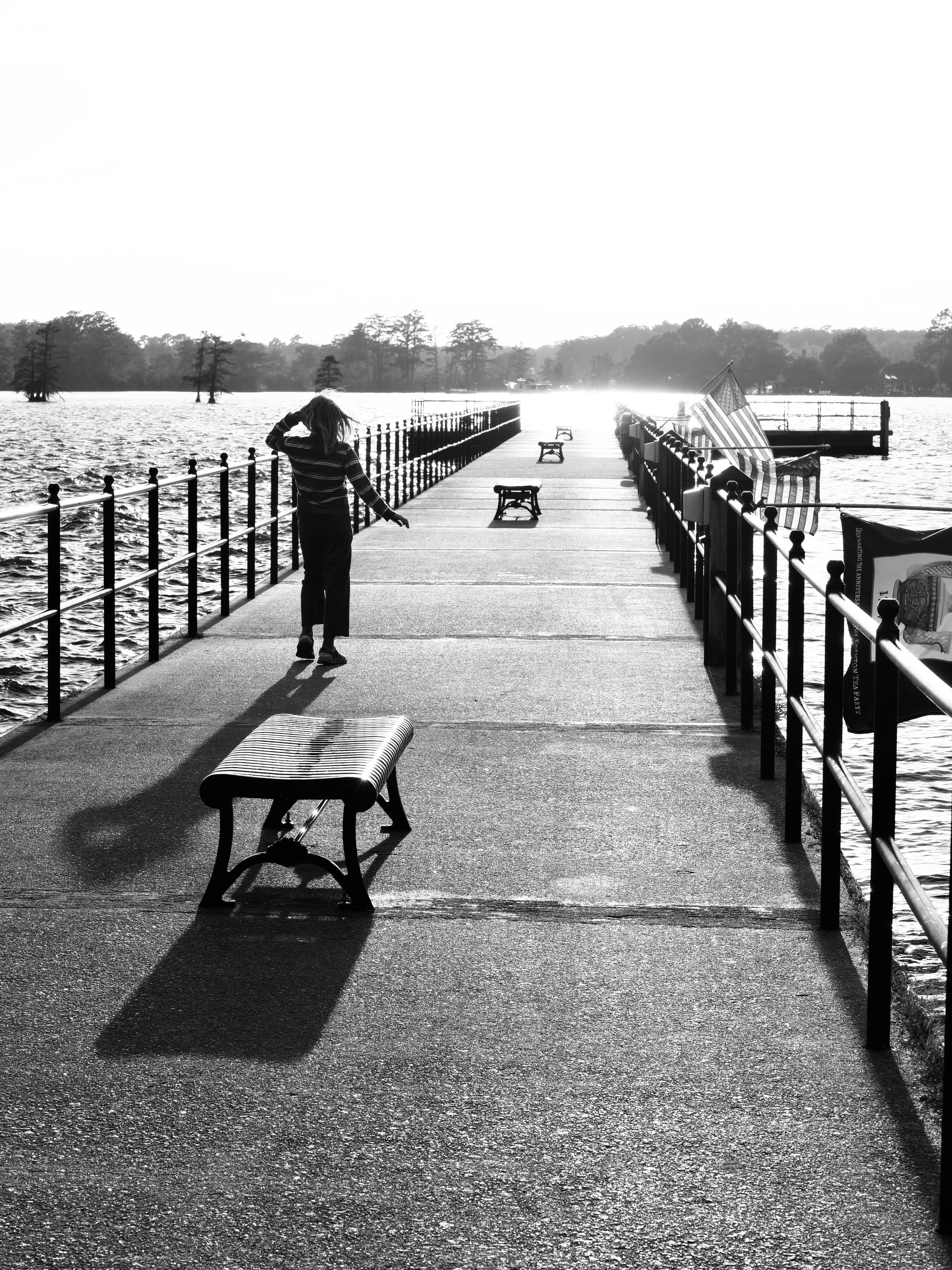 A lone figure stands on a sunlit pier stretching into a calm body of water, with benches and railings casting long shadows along the wet surface. A flag dances at the side, and distant trees mark the horizon in this grayscale scene.