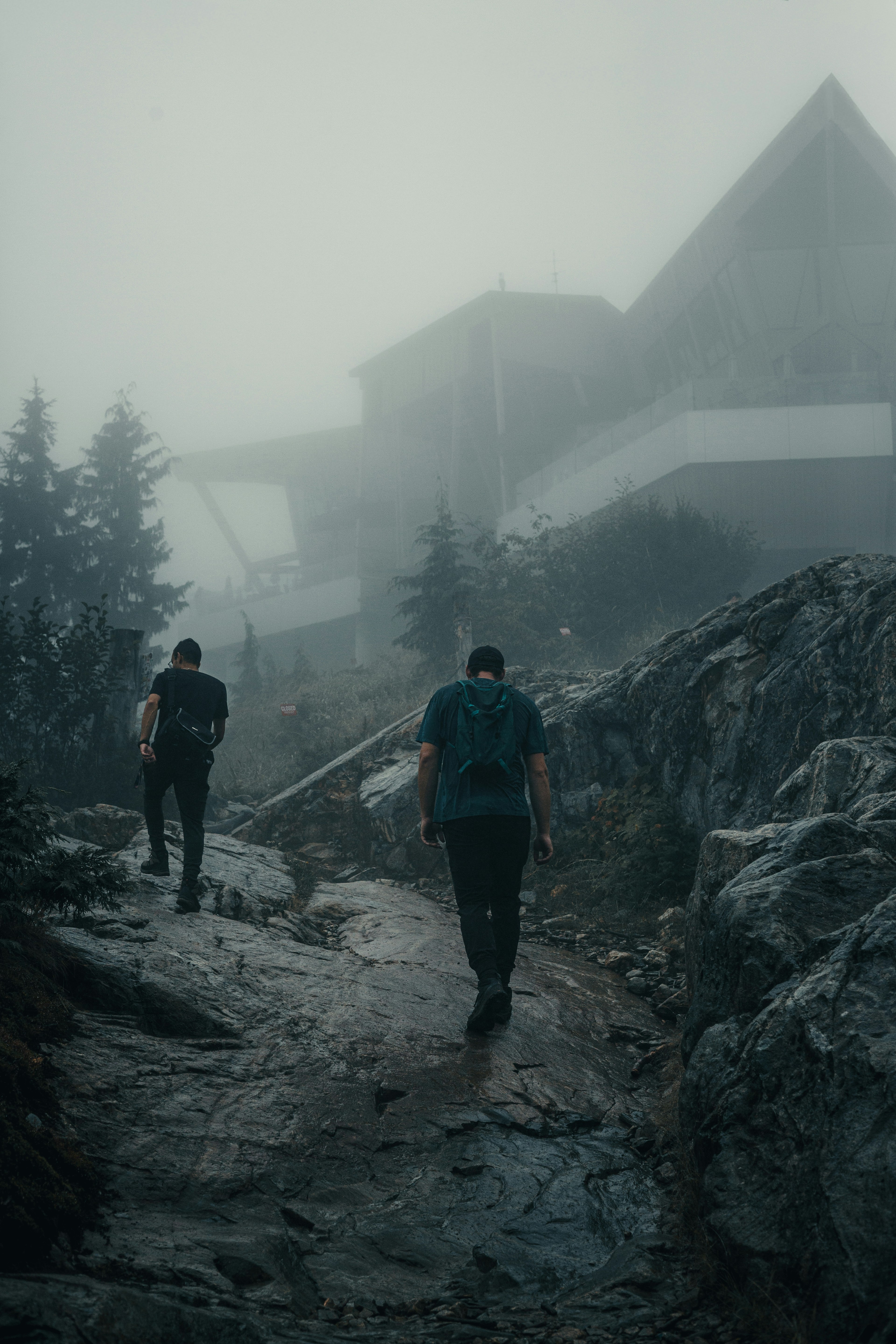 Emerging from the Mist: Climbers on a Rainwashed Ascent Toward a Bleak Summit