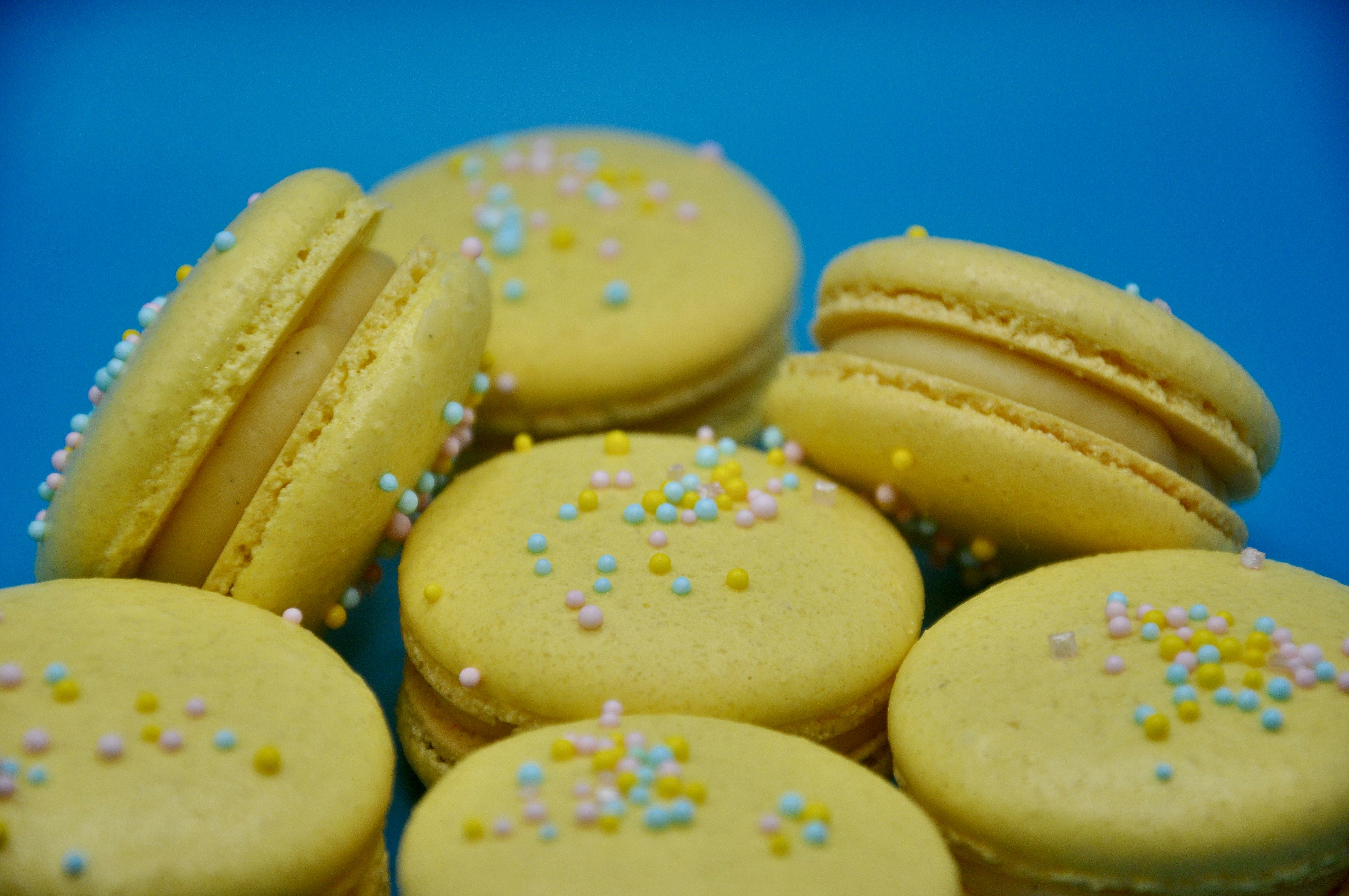Sunlit Yellow Macaron Stack with Pastel Sprinkles