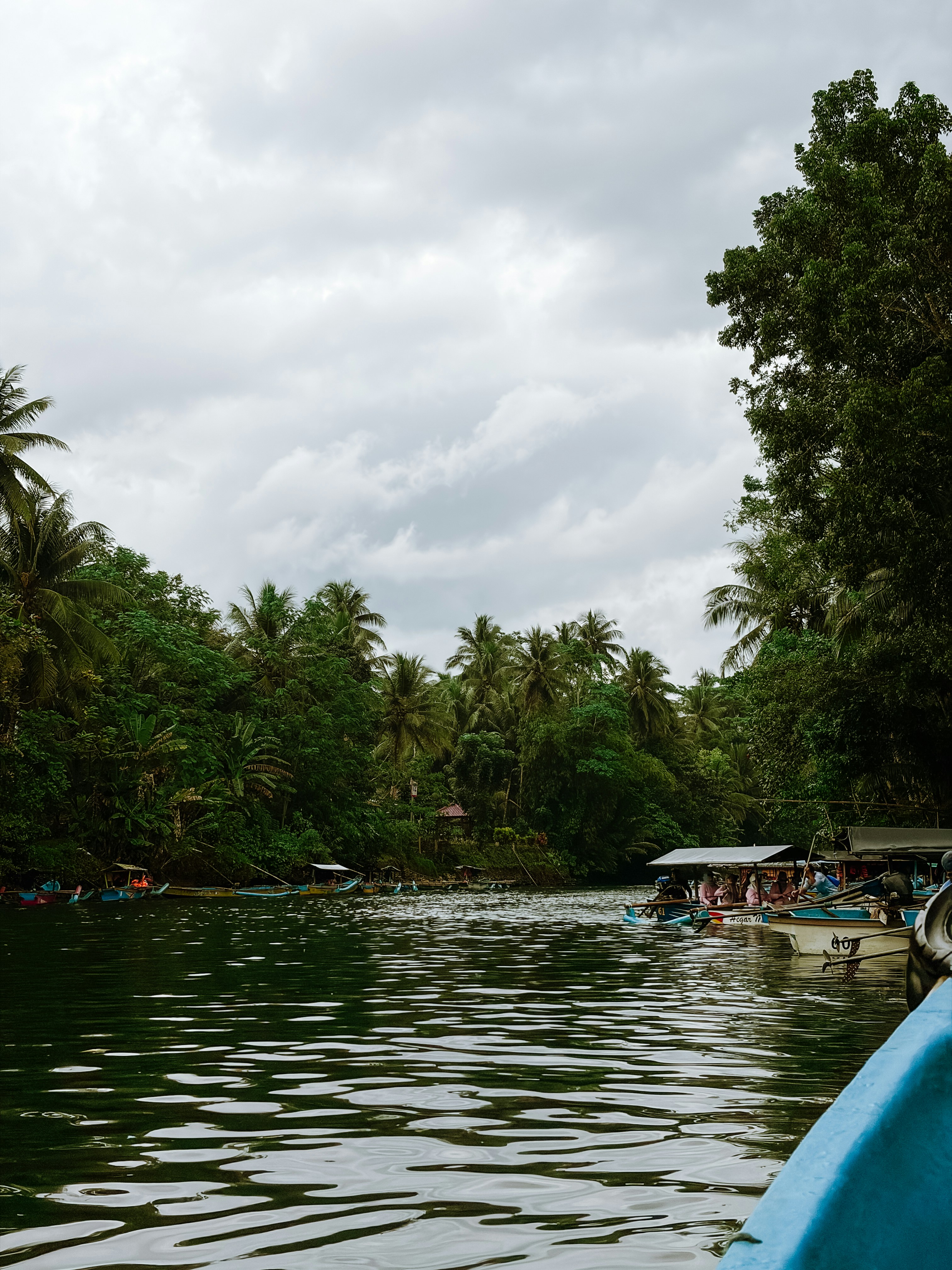 Riverine Corridor: Boats, Palm Trees, and a Blue Bow in Dusk Light