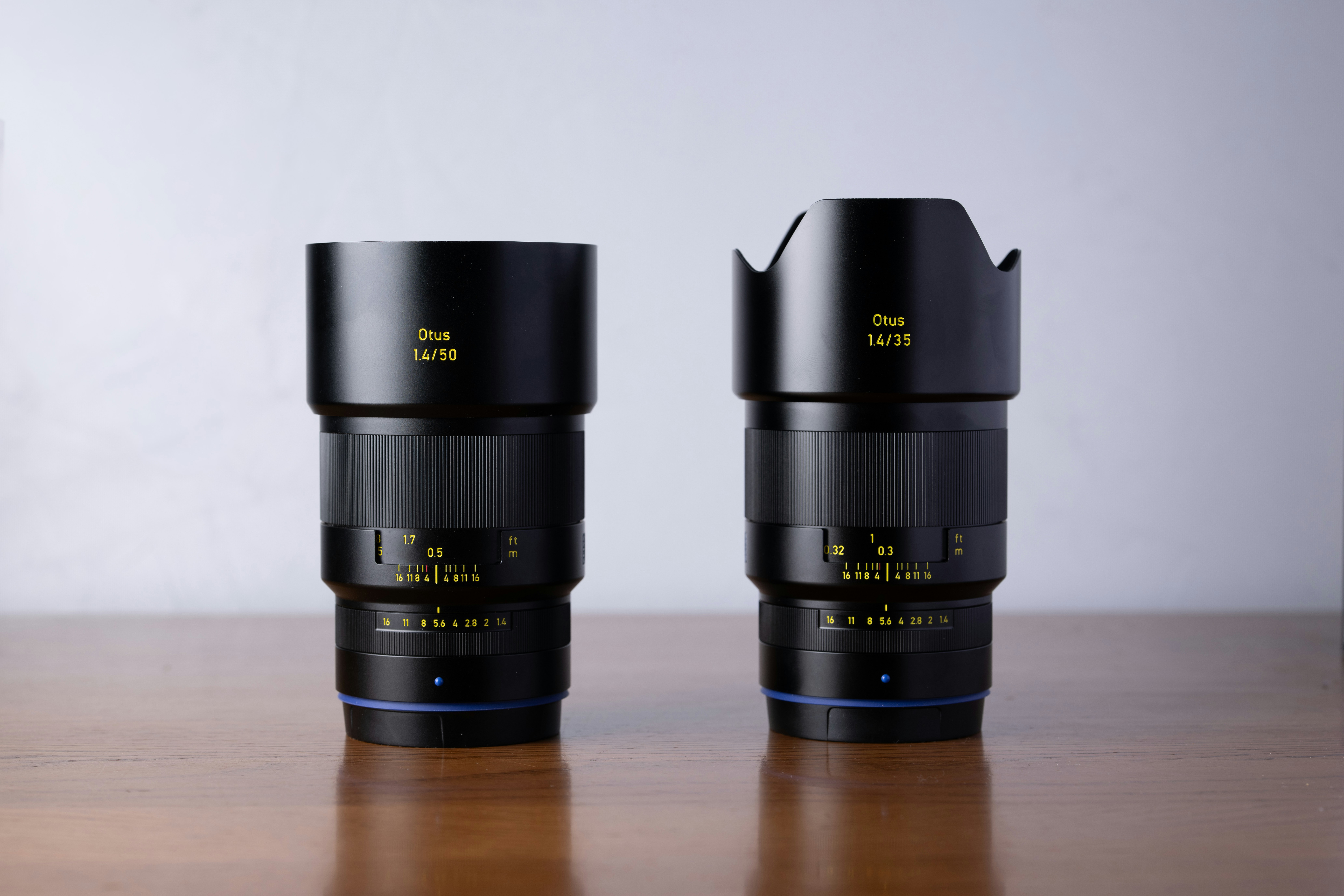Symmetry in Focus: Twin Professional Lenses on a Wooden Stage