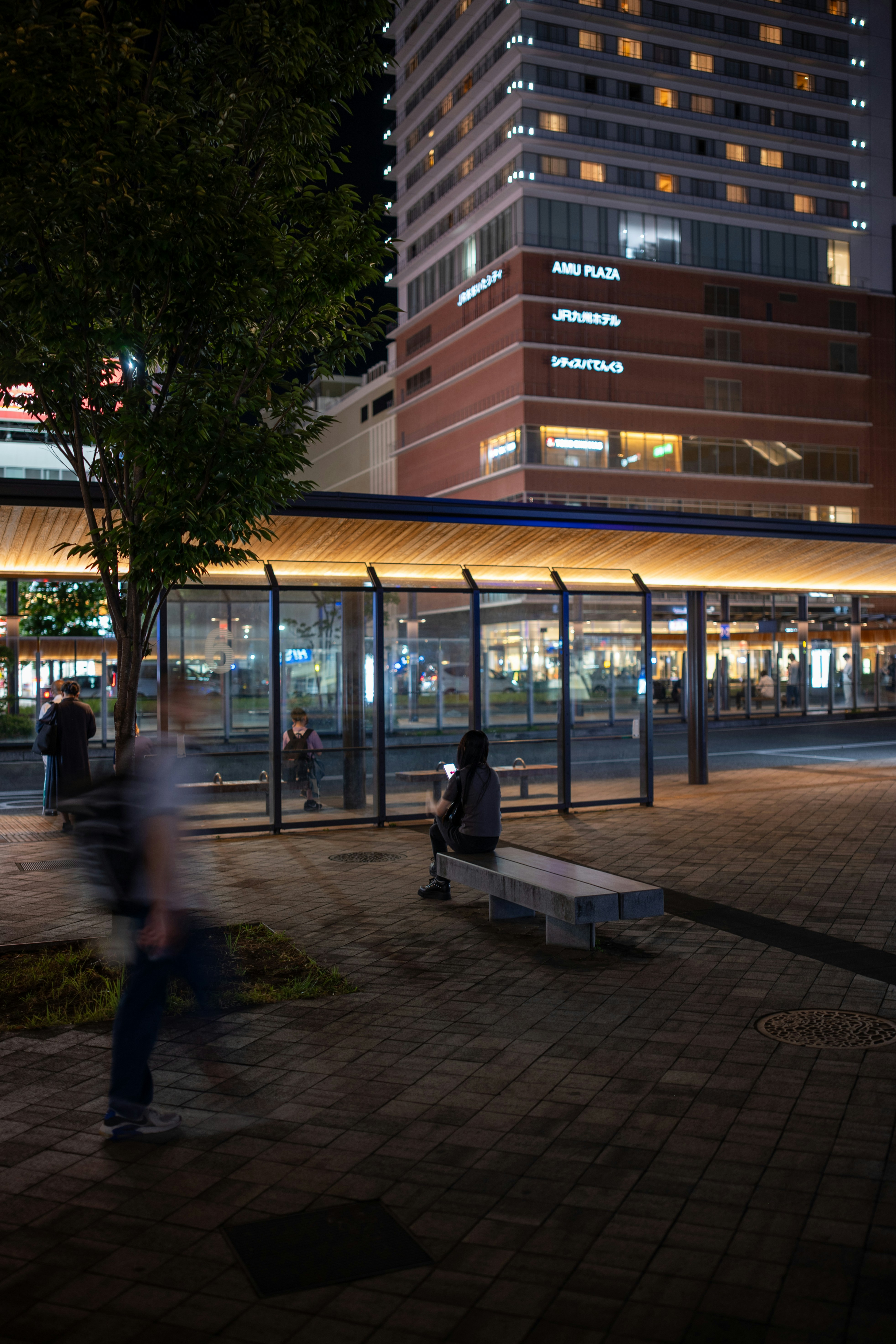 Night Bus Stop at AMU Plaza: Quiet Figures in Neon Transit