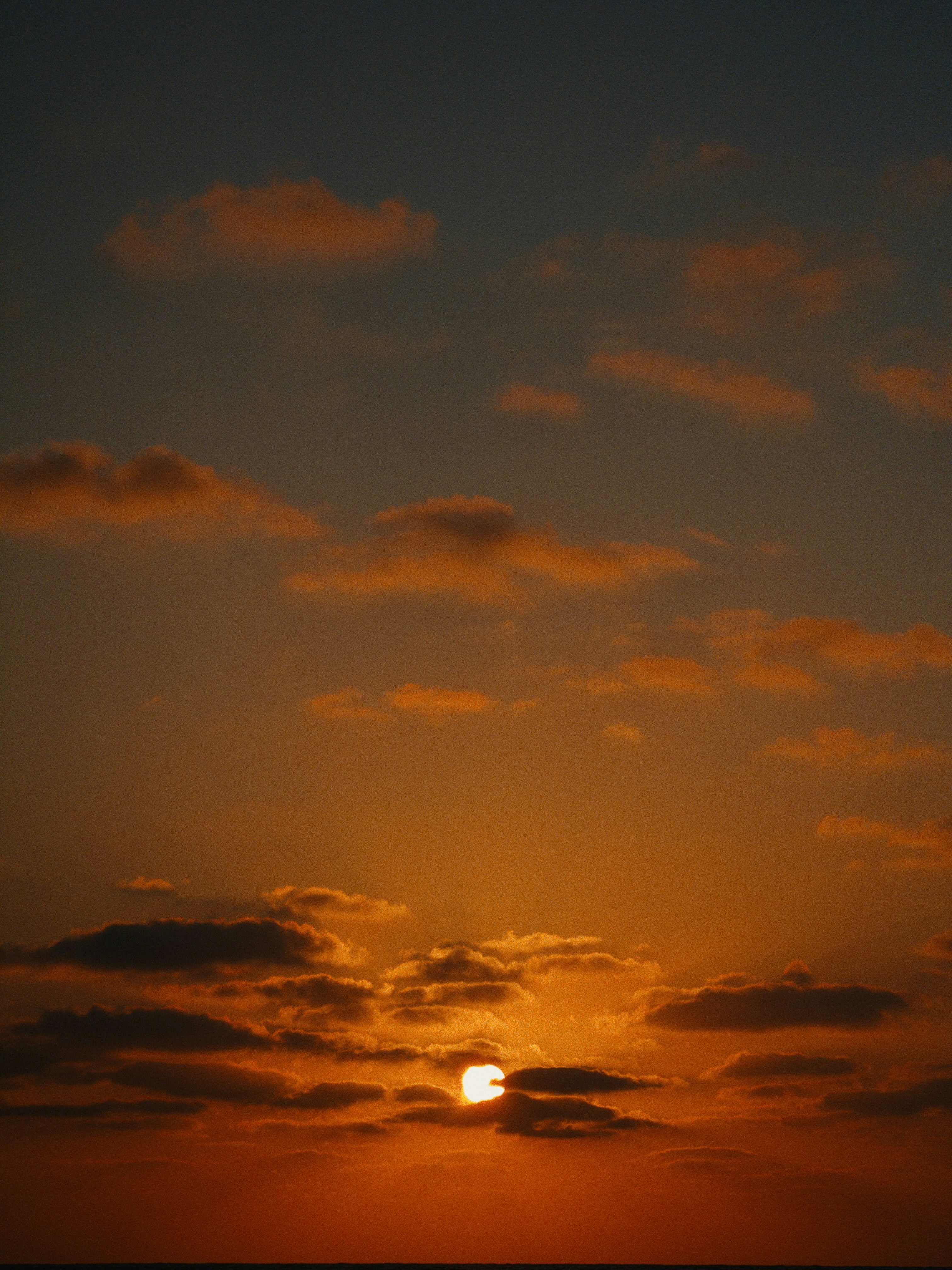 Low Horizon, Fiery Sky: The Sun Nestled Among Gentle Clouds