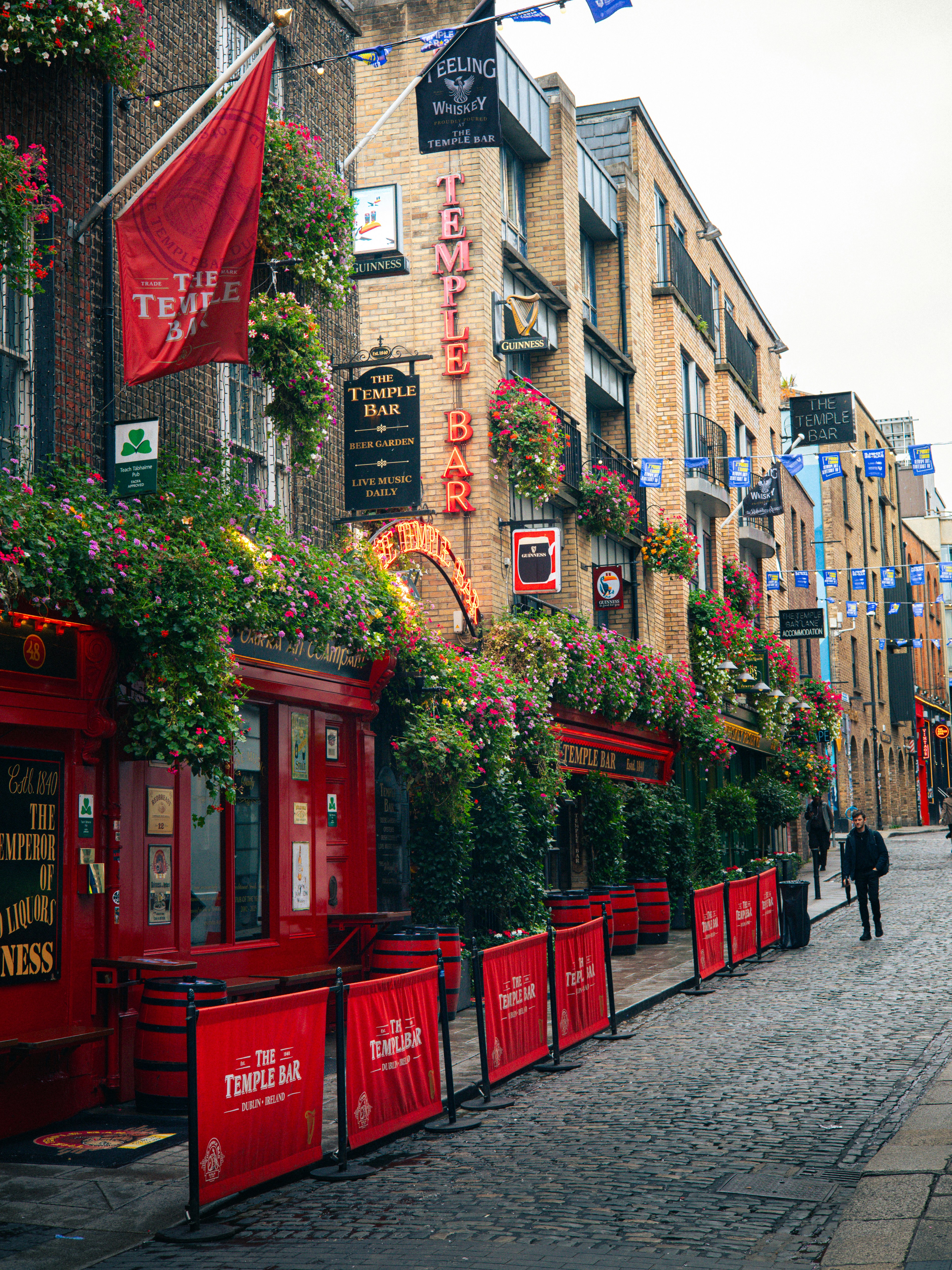 Temple Bar on Cobblestones: A Corridor of Pub Facades and Blooms