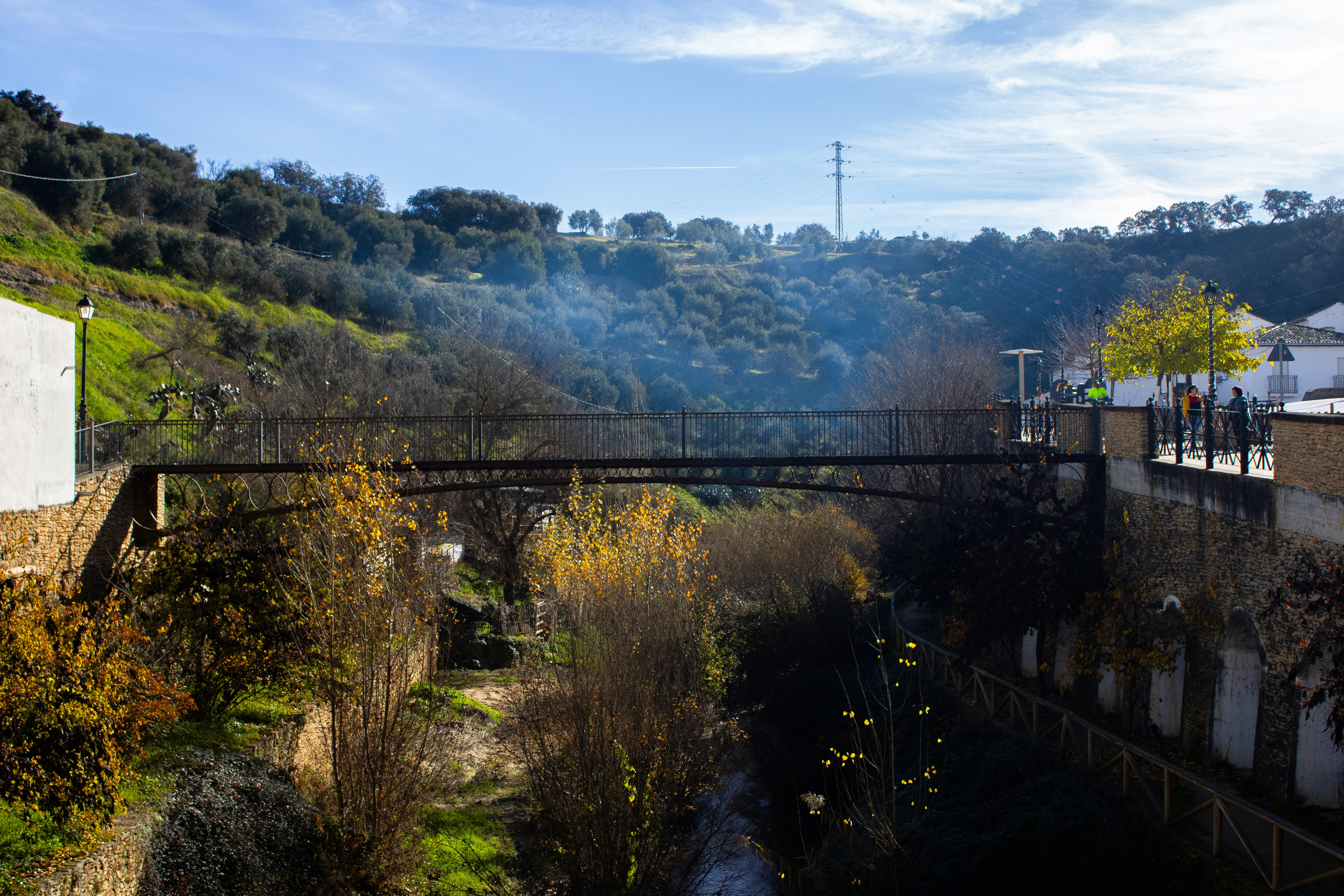 Bridge over autumn creek: a sunlit river valley framed by trees