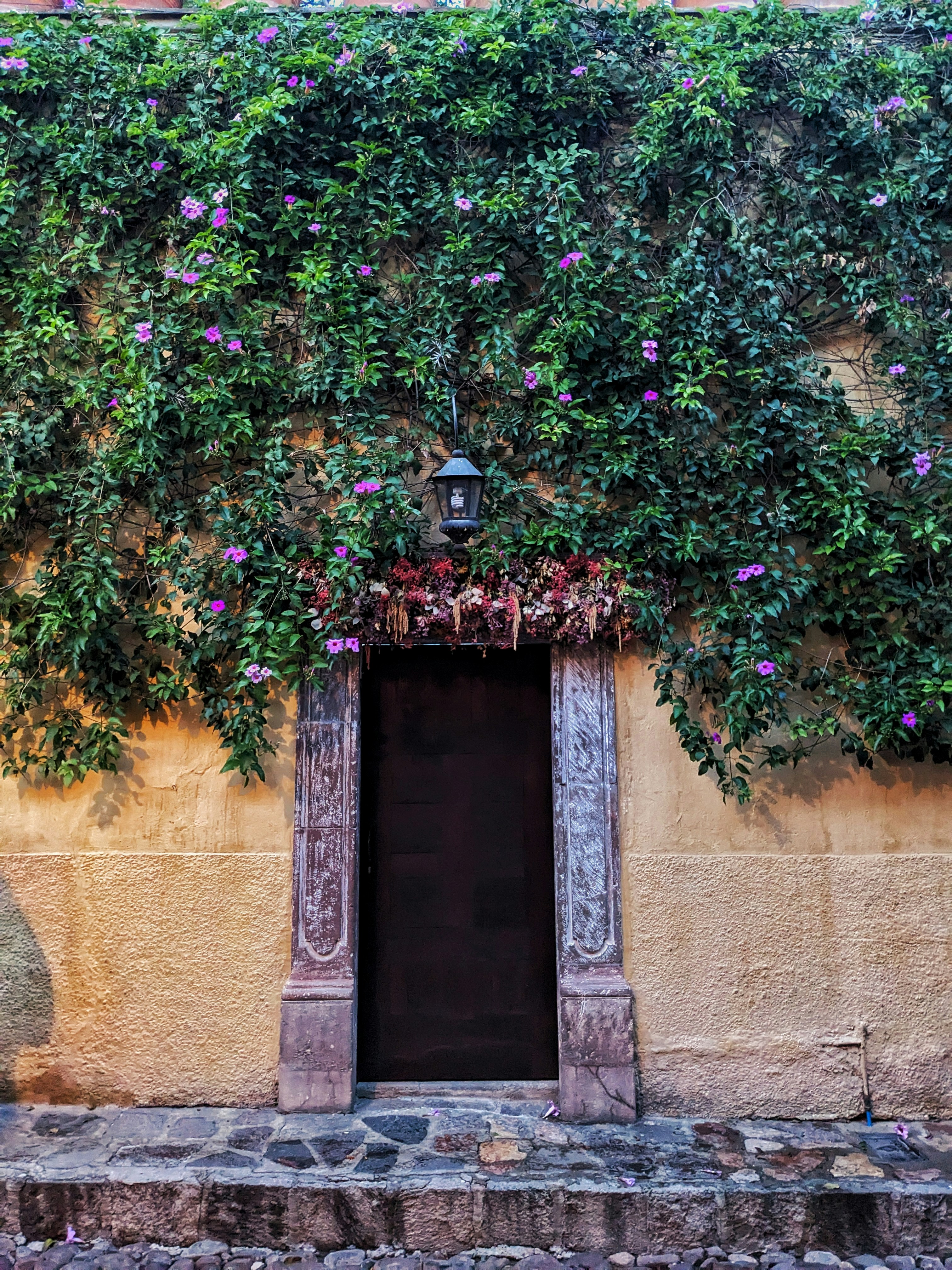 Florals over a weathered doorway: ivy and lantern frame a rustic entry