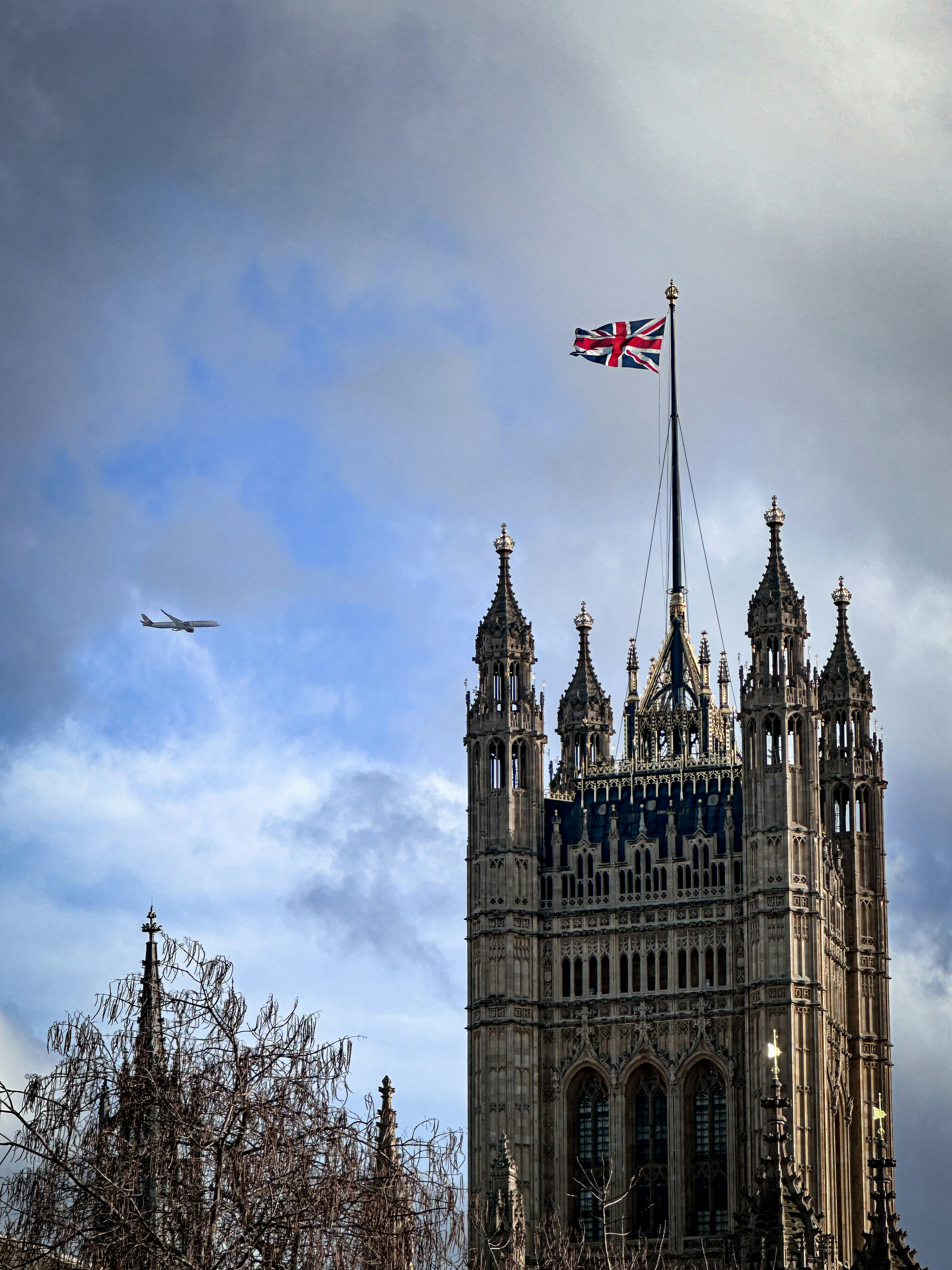 Union Flag over Gothic Spires: Westminster Tower Framed by Sky