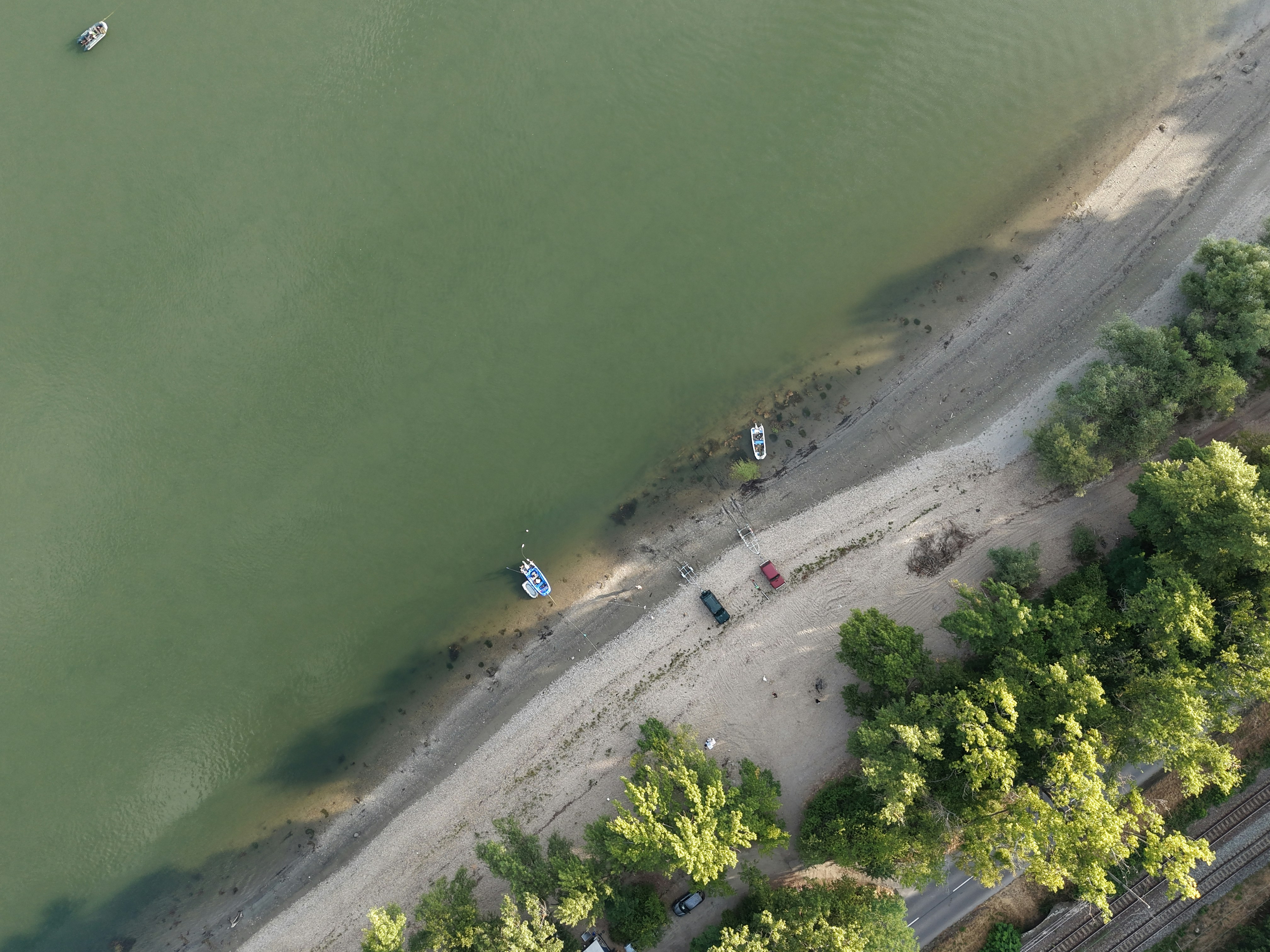 Shoreline Dockyard: Boats resting along a tree-lined riverbank