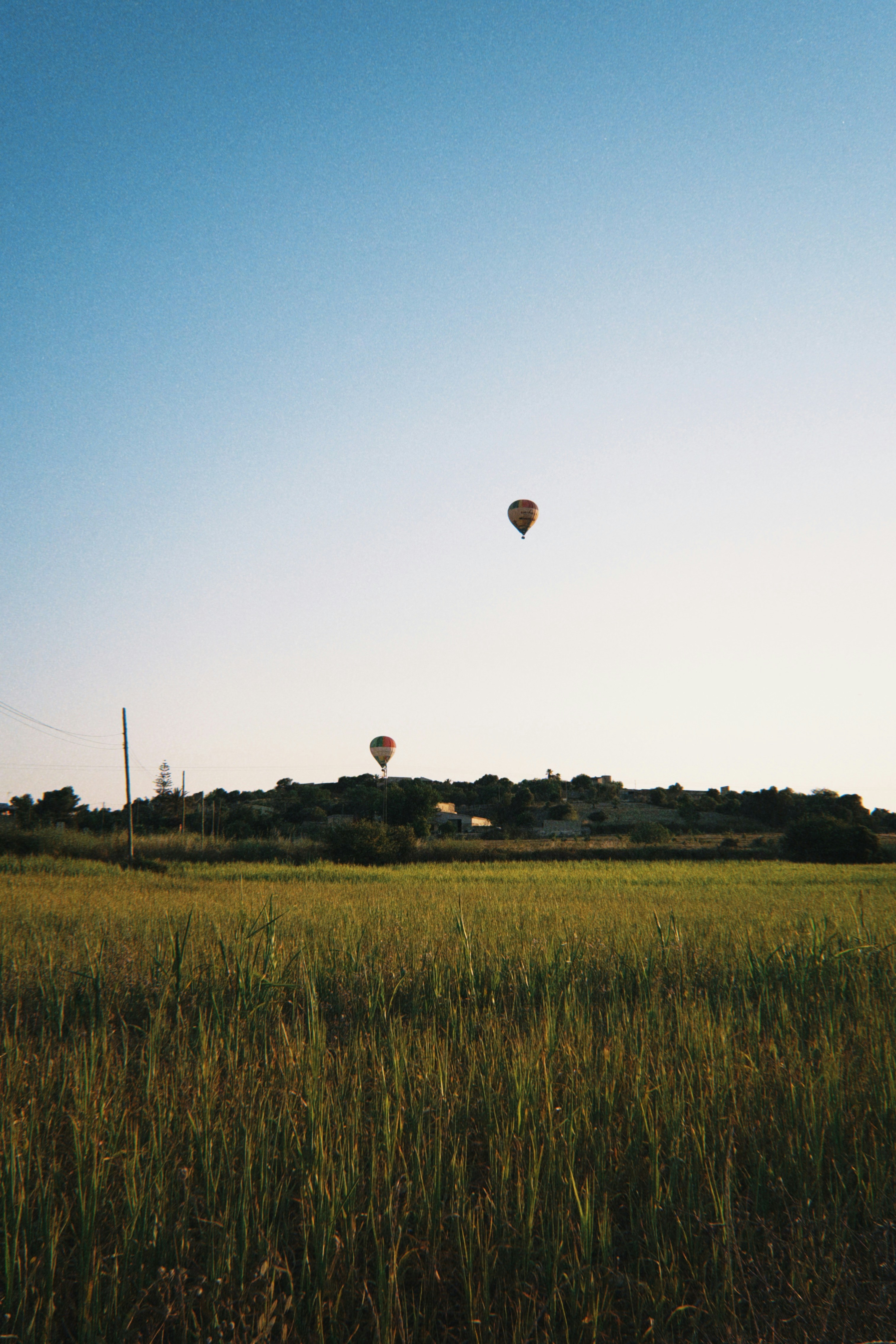 Two Rising Balloons Over a Quiet Field at Dusk