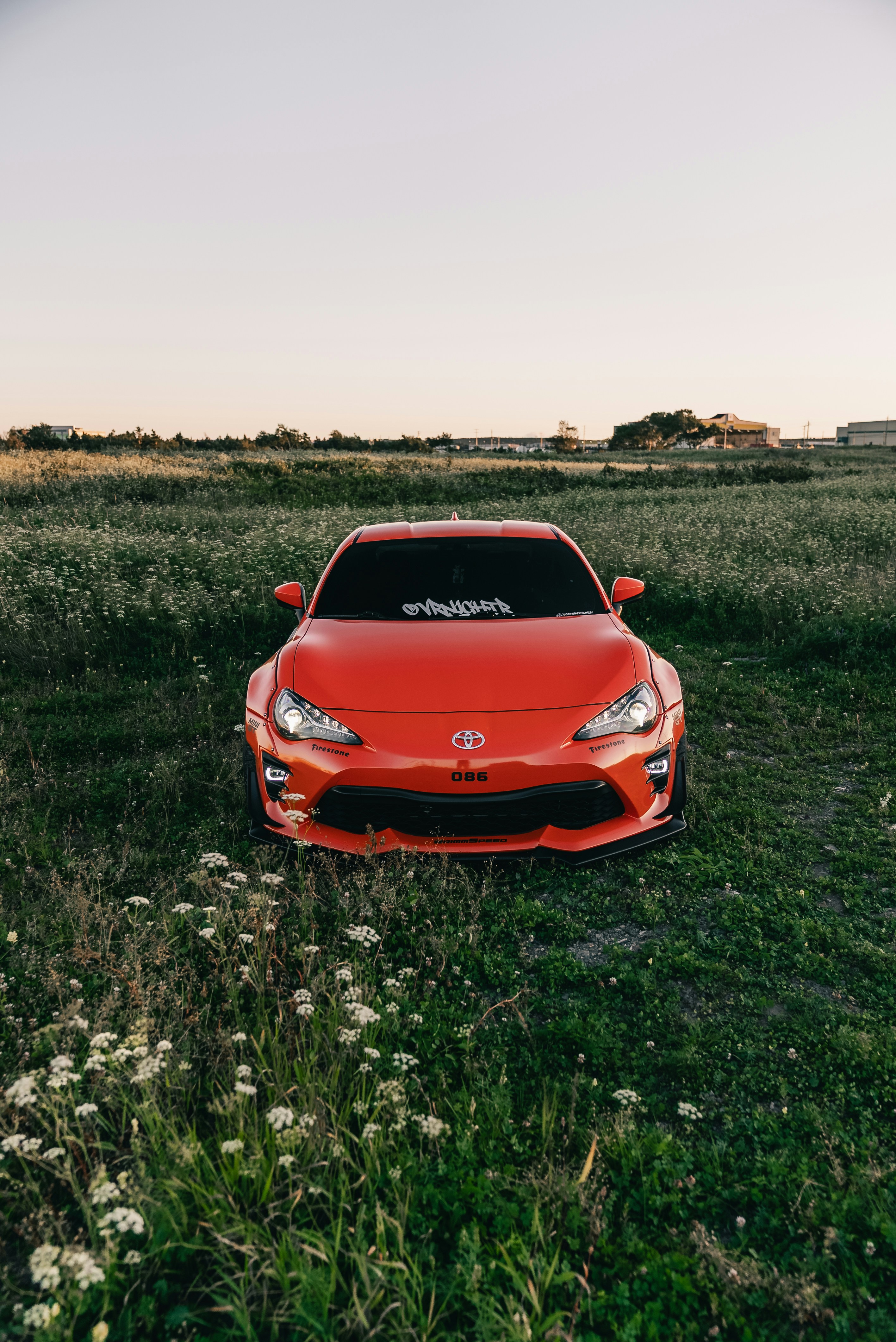 Bright red sports car sits center in a grassy field under a clear sky; the scene emphasizes the car as the sole subject with natural surroundings. This is a photographic still, not a logo or illustration.