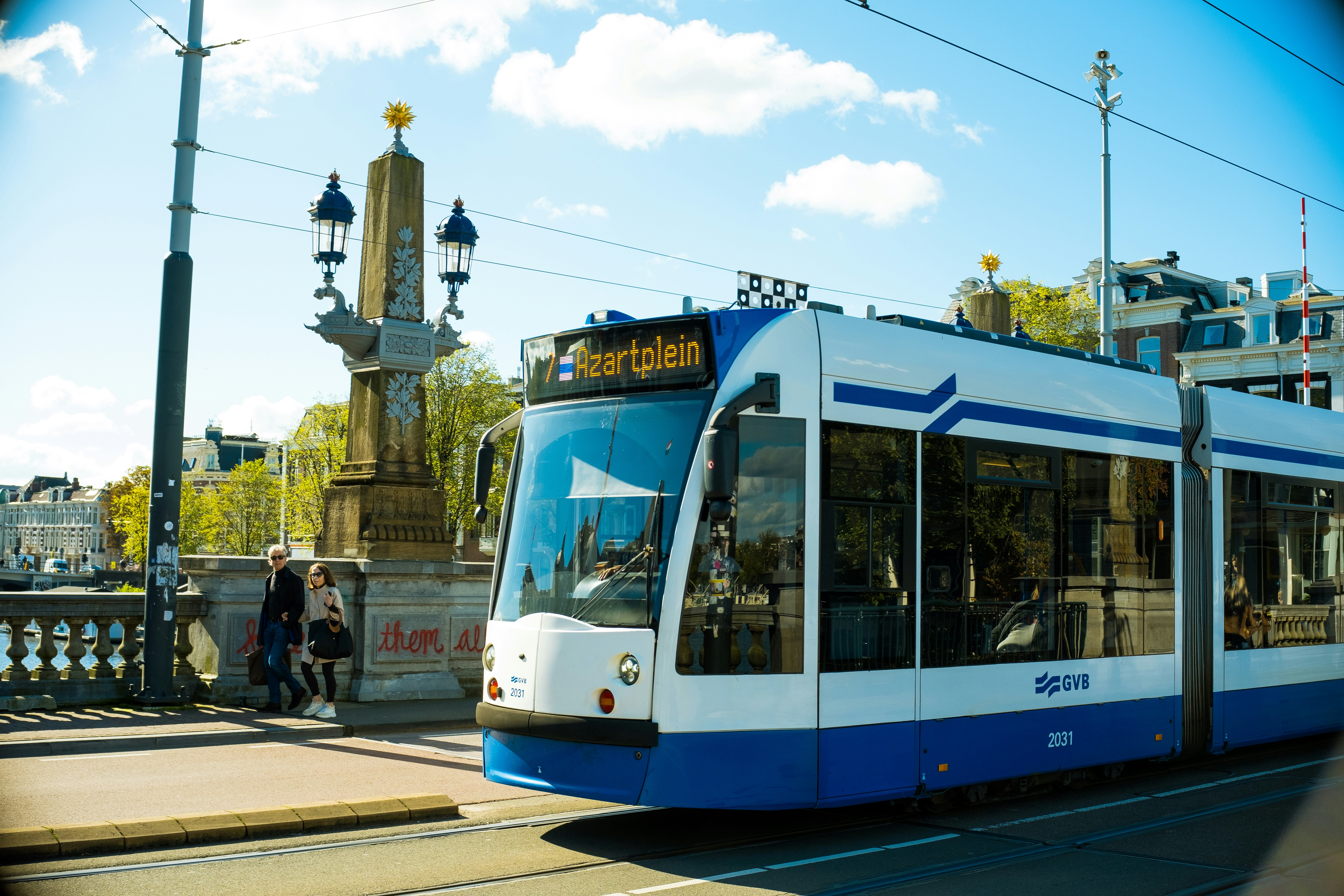 Blue and White Tram at the City Landmark