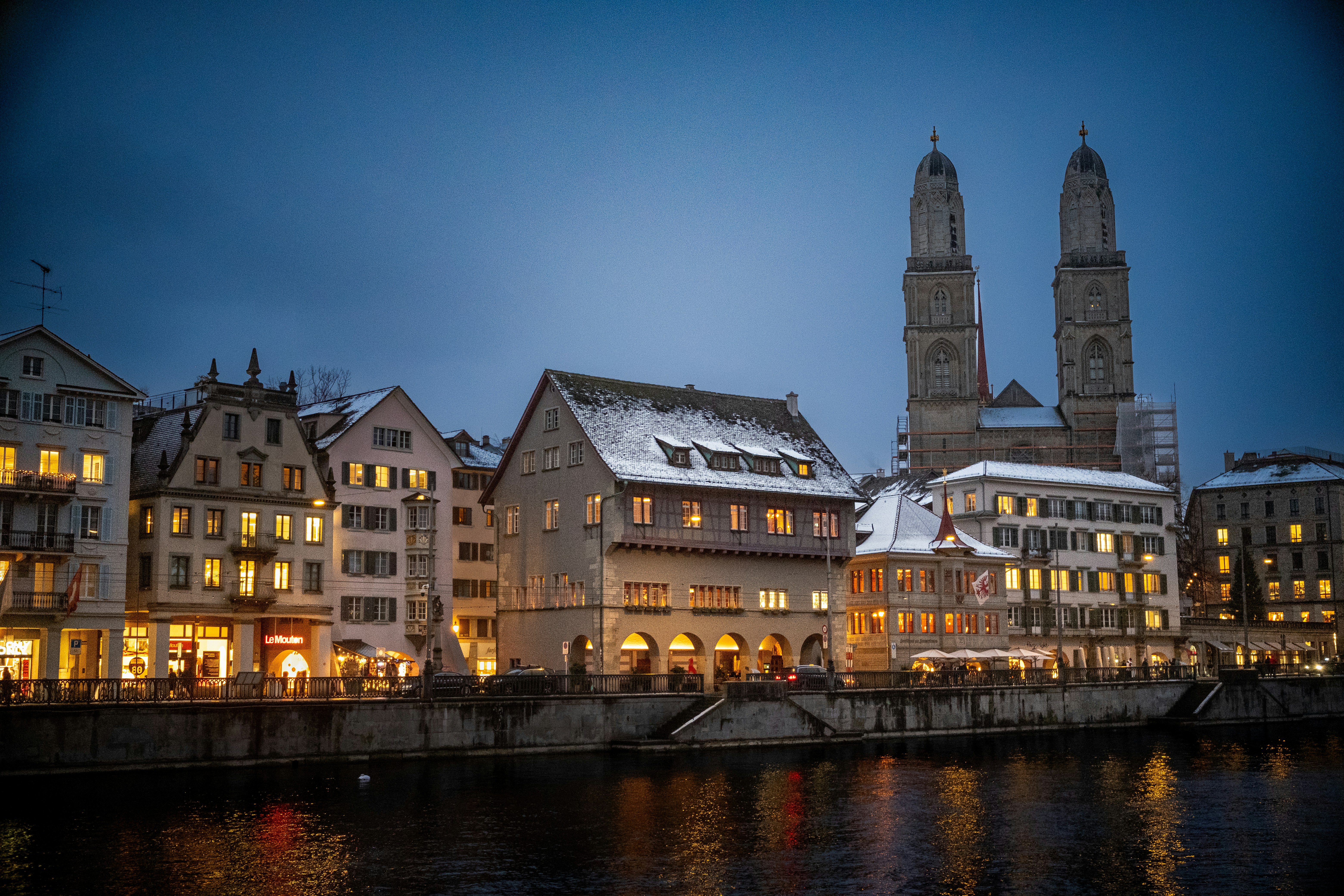 Evening glow along the Limmat: Historic townscape by the river